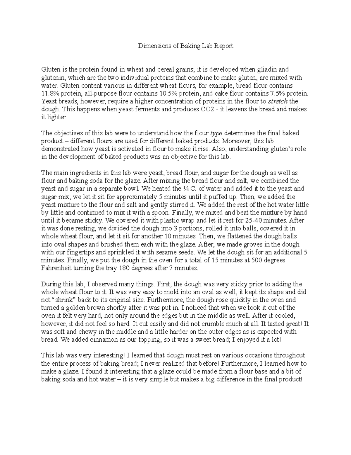 Dimensions of Baking Lab Report - Dimensions of Baking Lab Report ...