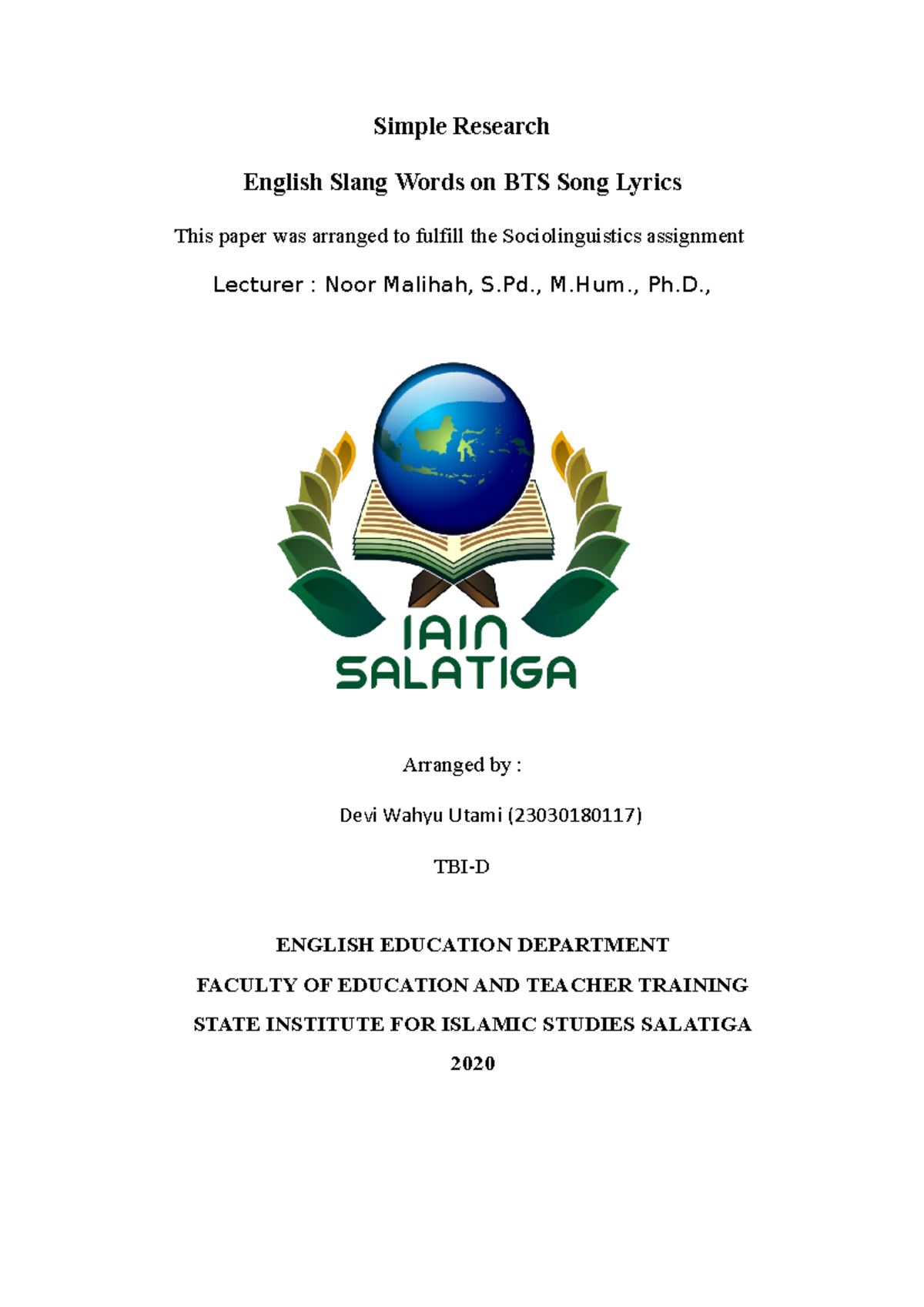 UAS Devi Wahyu U 117 D - English Slang Words on BTS Song Lyrics ...