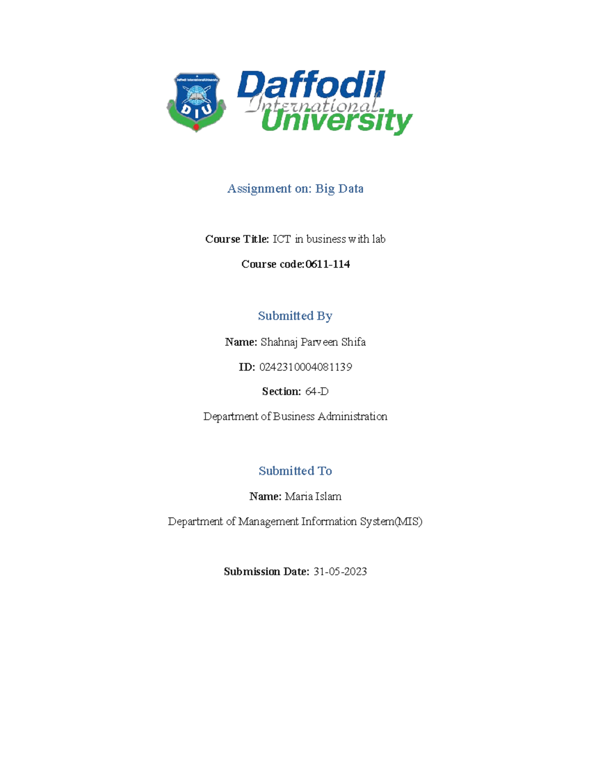 Shifa 1139 Ict Assignment Assignment On Big Data Course Title Ict