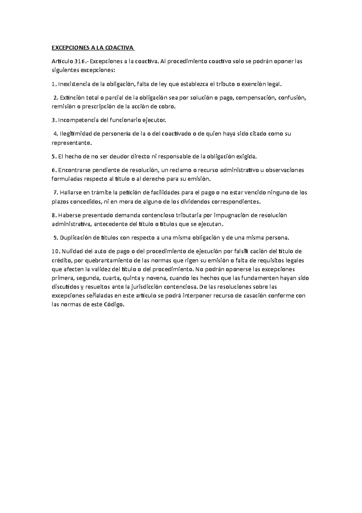 Gestion de conflictos - EXCEPCIONES A LA COACTIVA Artículo 316 ...