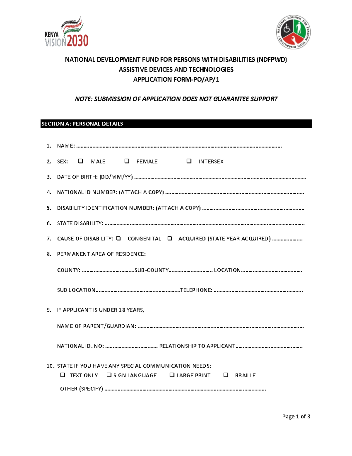 Assitive Devices Application FORM - Page 1 of 3 NATIONAL DEVELOPMENT ...