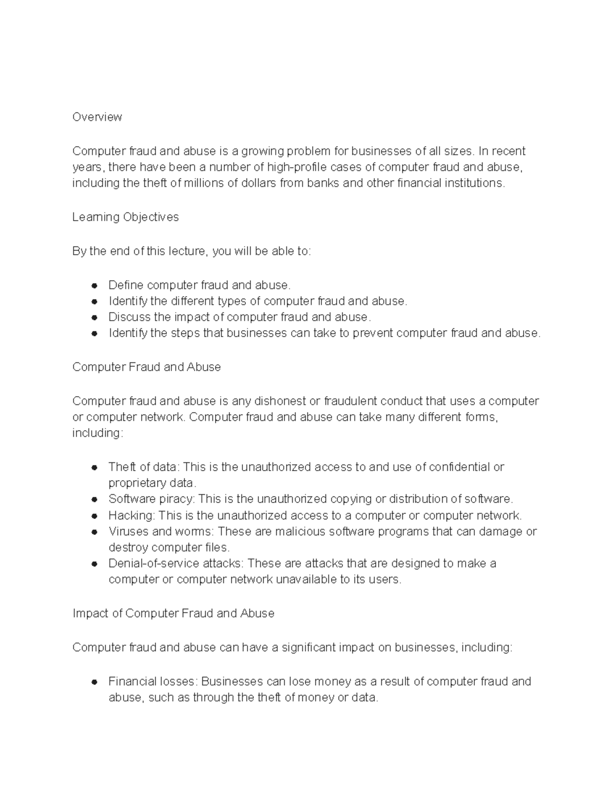 Lecture 22 Computer Fraud and Abuse - Overview Computer fraud and abuse ...