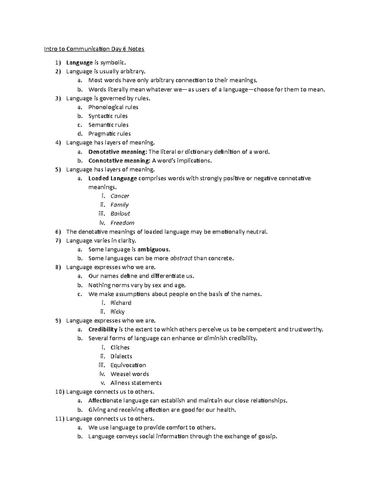 Intro to Communication Day 6 Notes - Language is usually arbitrary. a ...