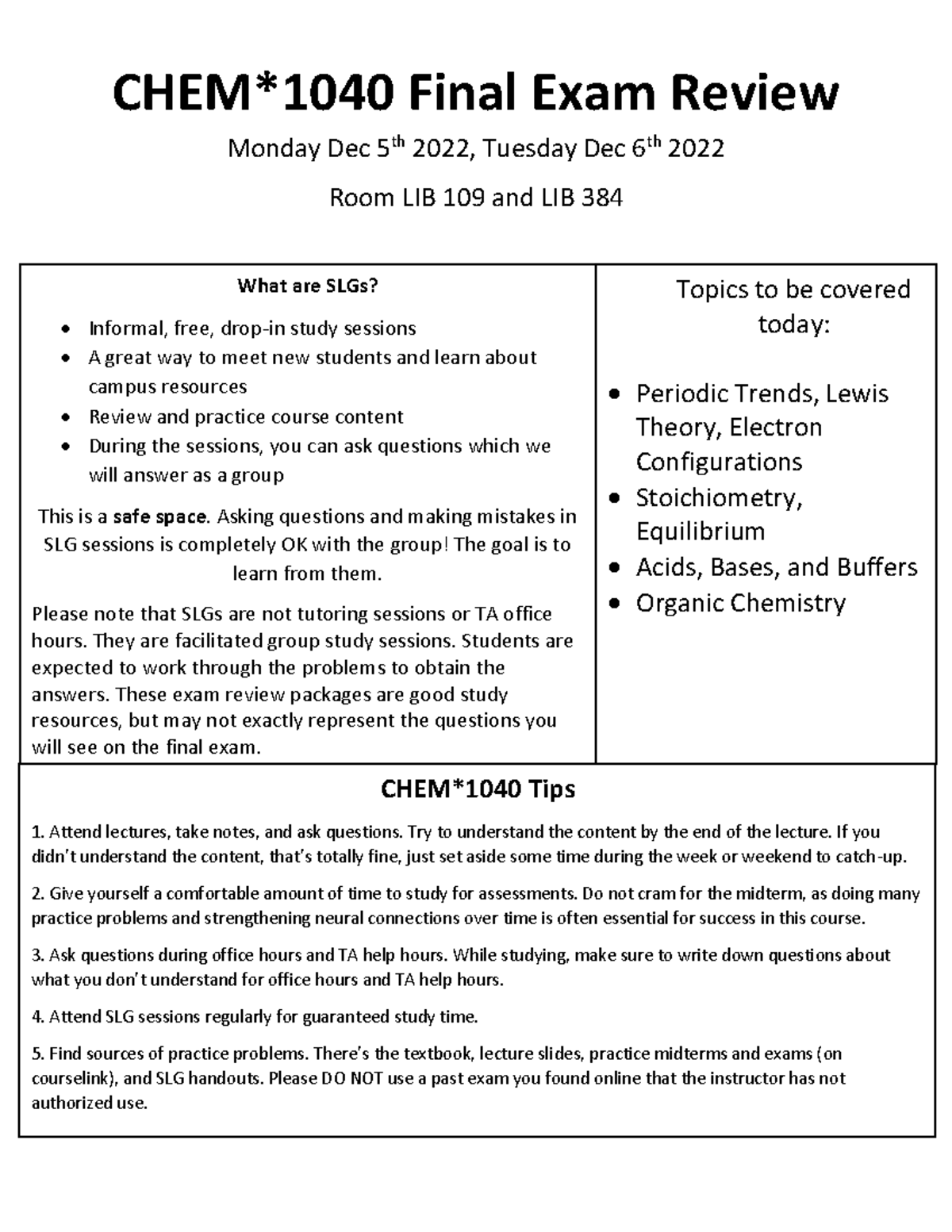 CHEM1040 F22 exam review handout - CHEM*1040 Final Exam Review Monday Dec 5 th 2022, Tuesday Dec ...