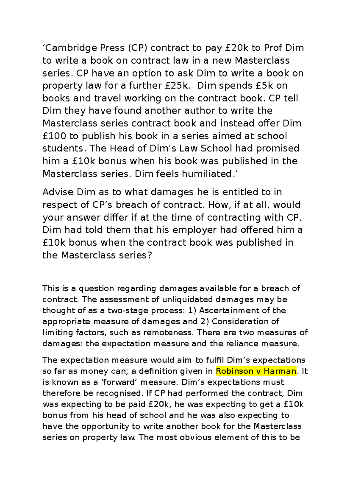 Basic Damages Essay Example - ‘Cambridge Press (CP) contract to pay £ ...