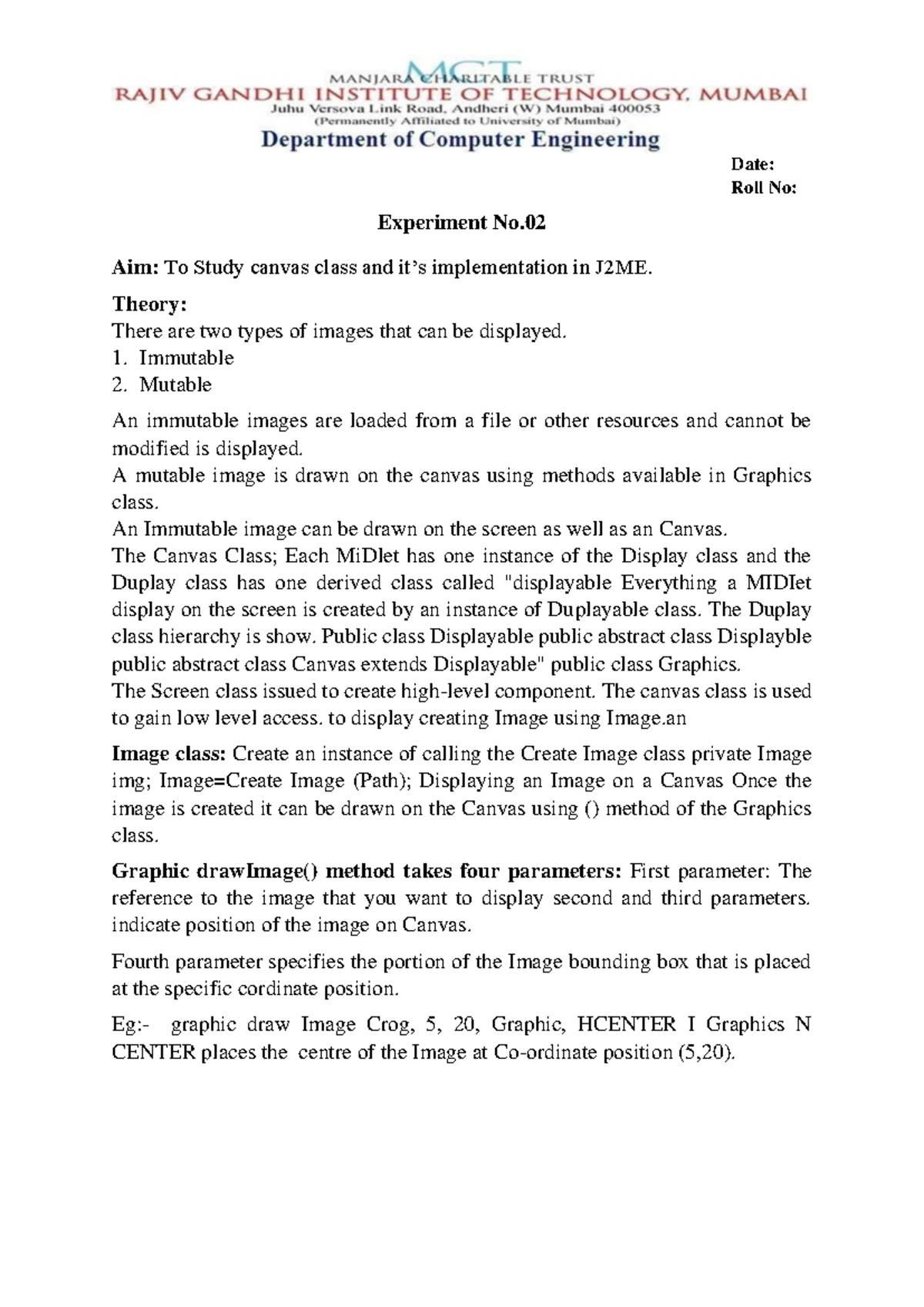 MCexp 2 - good - Date: Roll No: Experiment No. Aim: To Study canvas class and it’s ...