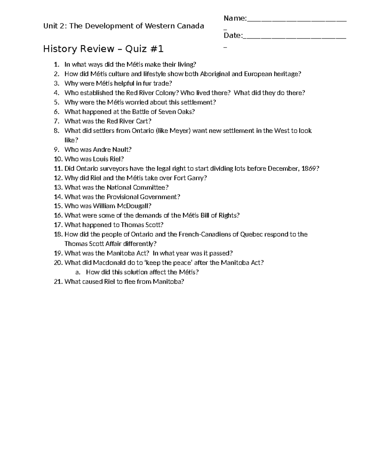History Quiz 1 Review - Name:____________________________ _ Date