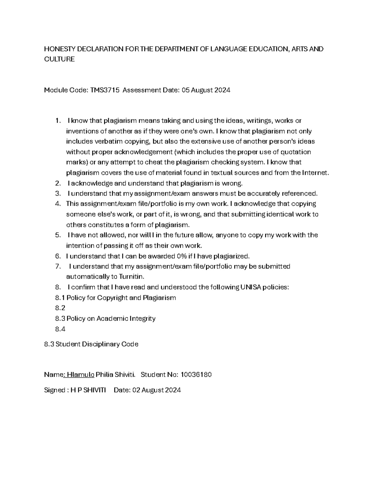 Document (16) - Assignment - HONESTY DECLARATION FOR THE DEPARTMENT OF ...