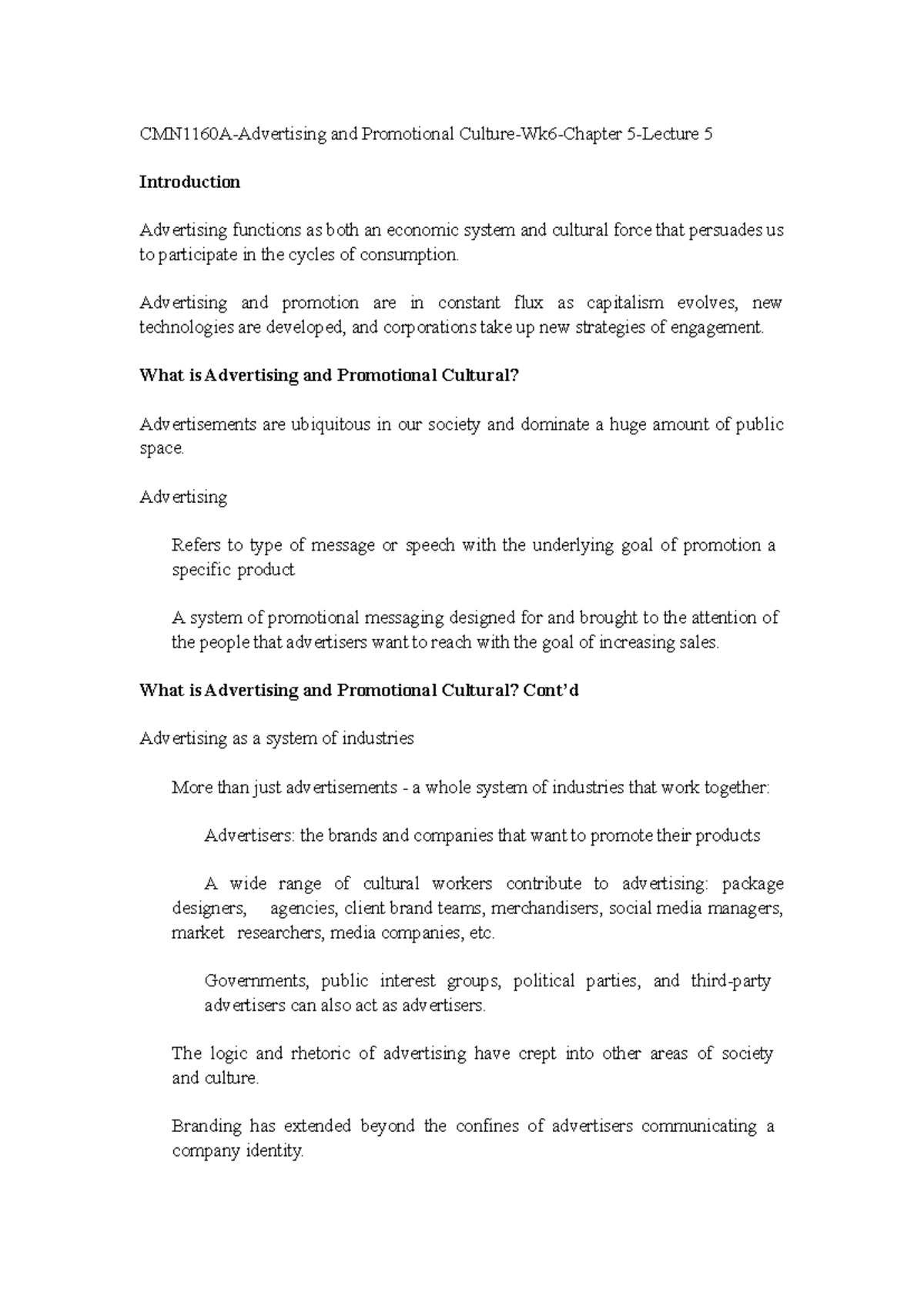 Wk6 Advertising - The summary of power point for week 6 lectures ...