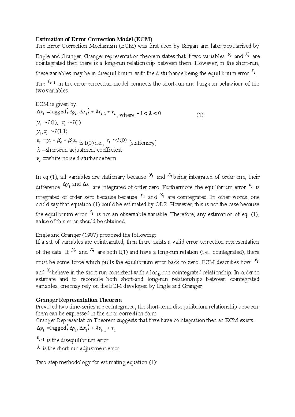Error Correction Model - Granger representation theorem states that if ...