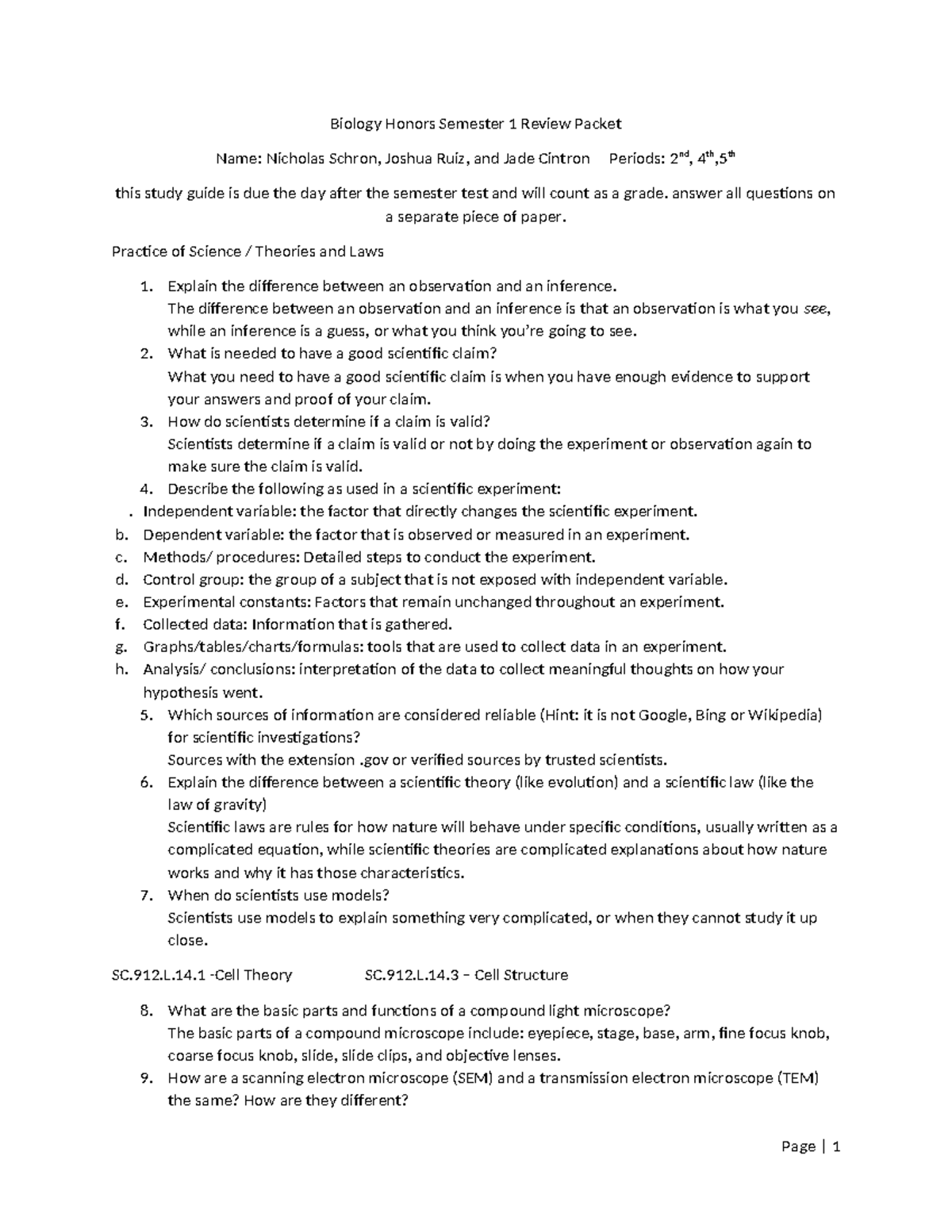 Biology semester 1 Review Packet Study Guide - Biology Honors Semester ...