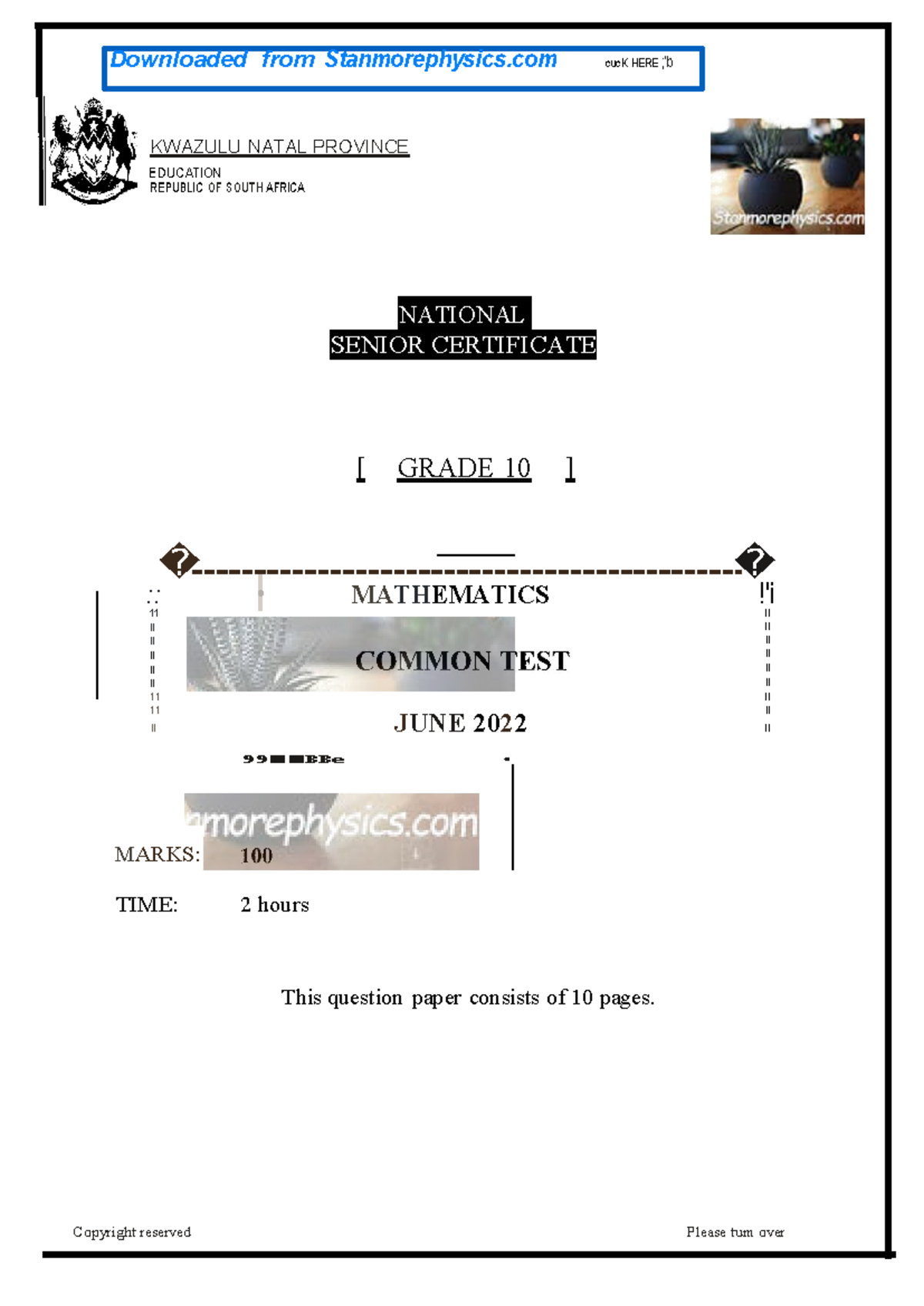 Maths Grade 10 June 2022 QP and Memo - 11 II NATIONAL KWAZULU NATAL ...