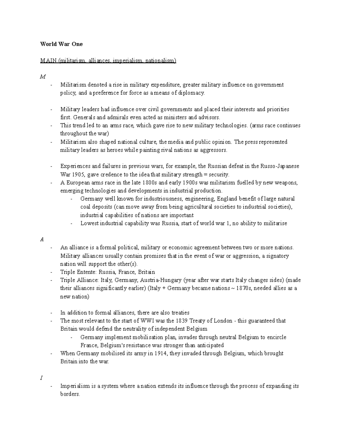 Modern History- WWI (M.A.I.N) - World War One MAIN (militarism ...