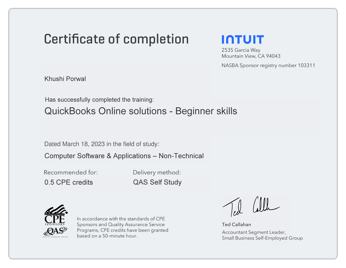 CPE credit - Quick Books Onlinesolutions-Beginnerskills - Khushi Porwal ...