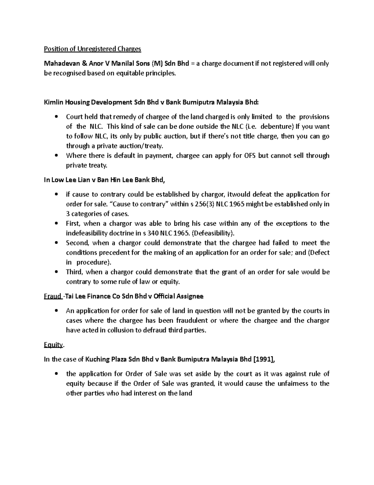 Cases on Charges - Position of Unregistered Charges Mahadevan & Anor V ...