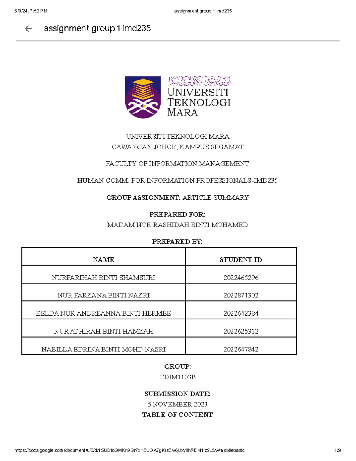 Assignment group 1 imd235 - UNIVERSITI TEKNOLOGI MARA CAWANGAN JOHOR ...