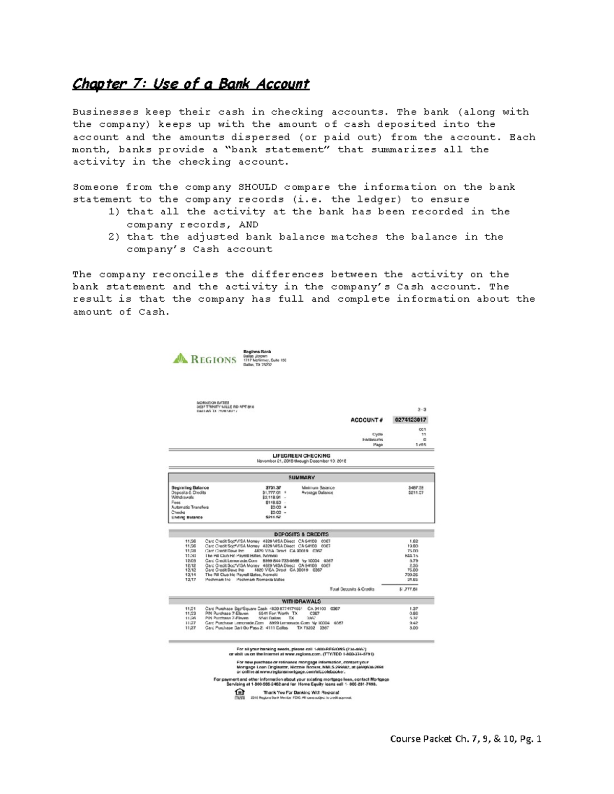 Course Pack for Chapters 7, 9, 10 - Chapter 7: Use of a Bank Account ...