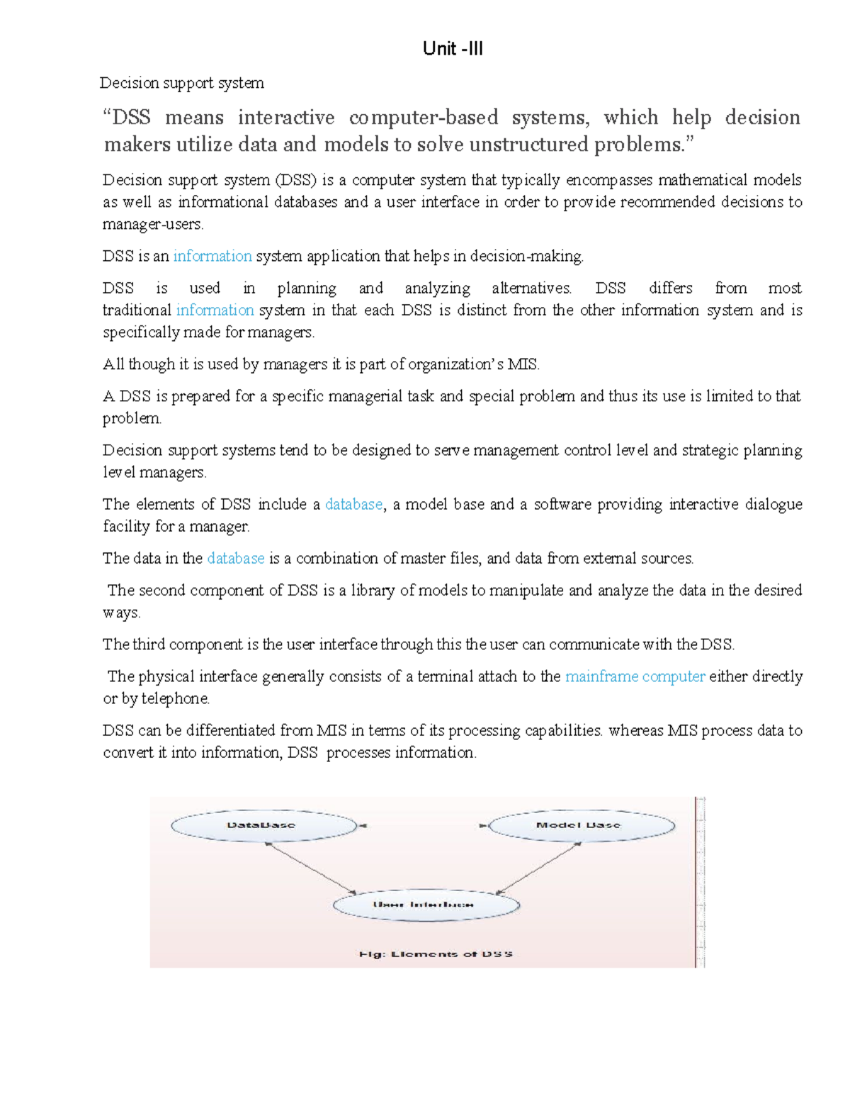 MIs unit 3 - Summary Software project Management - Unit -III Decision support system “DSS means ...