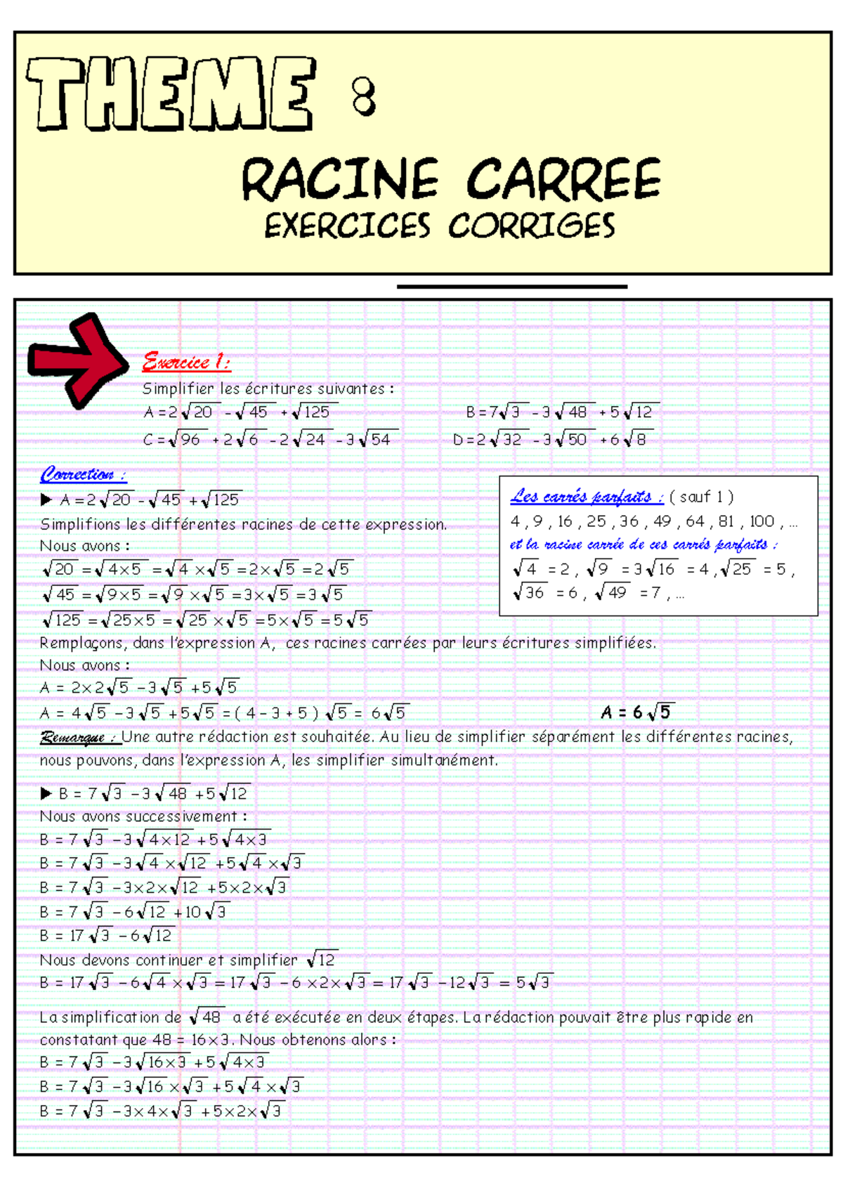 Racine carree - Exercices corriges - Exercice 1: Simplifier les ...