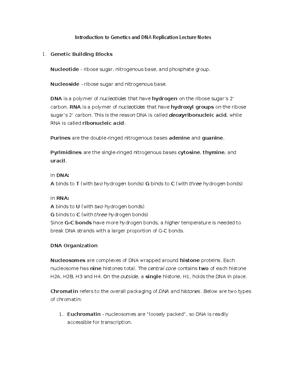 Introduction to Genetics and DNA Replication Lecture Notes - Genetic ...