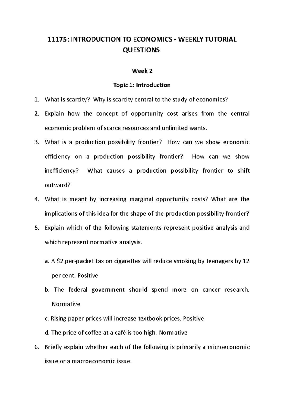 11175 Intro to Economics tutorial questions 2021 - 11175: INTRODUCTION ...