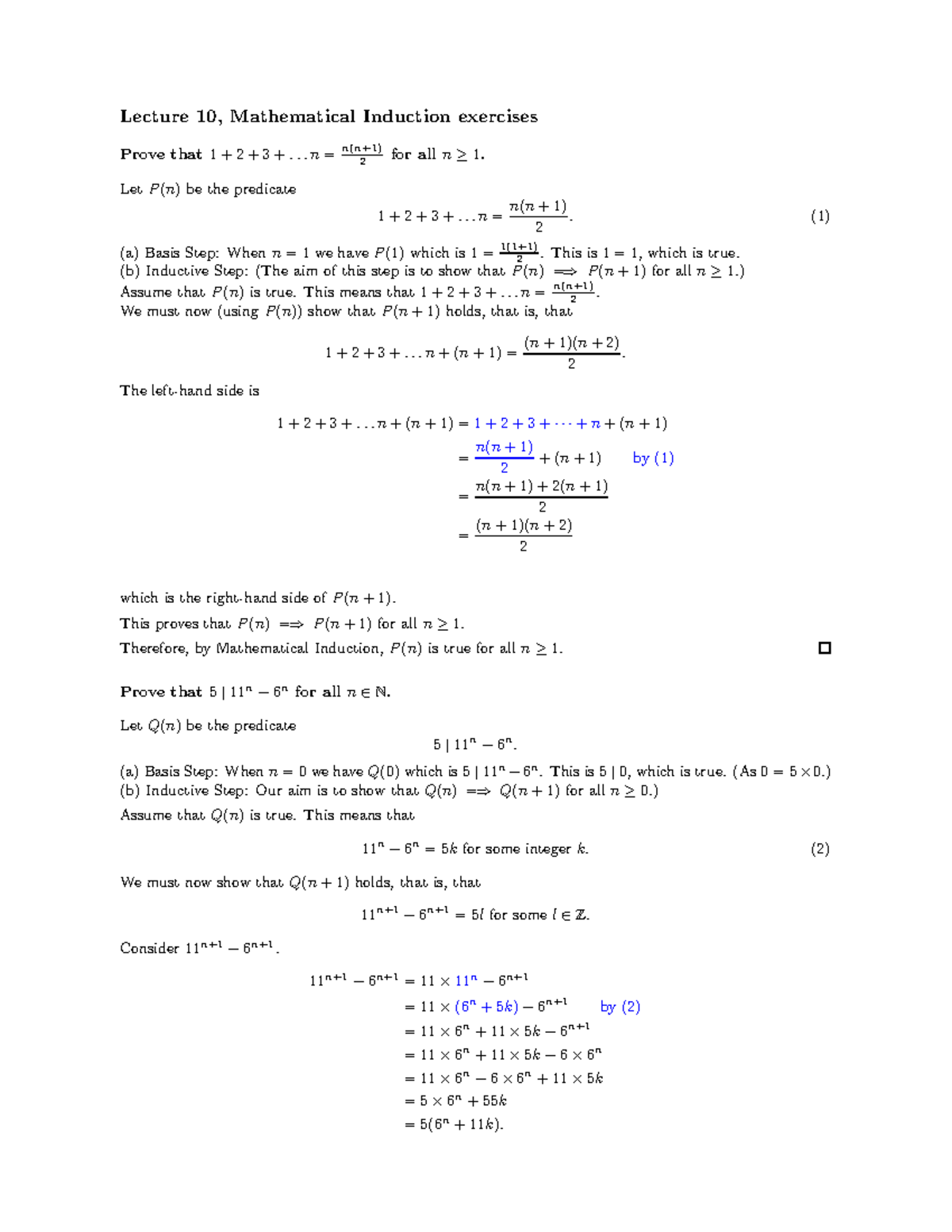 L10 induction exercises - Lecture 10, Mathematical Induction exercises Prove that1 + 2 + 3 ...