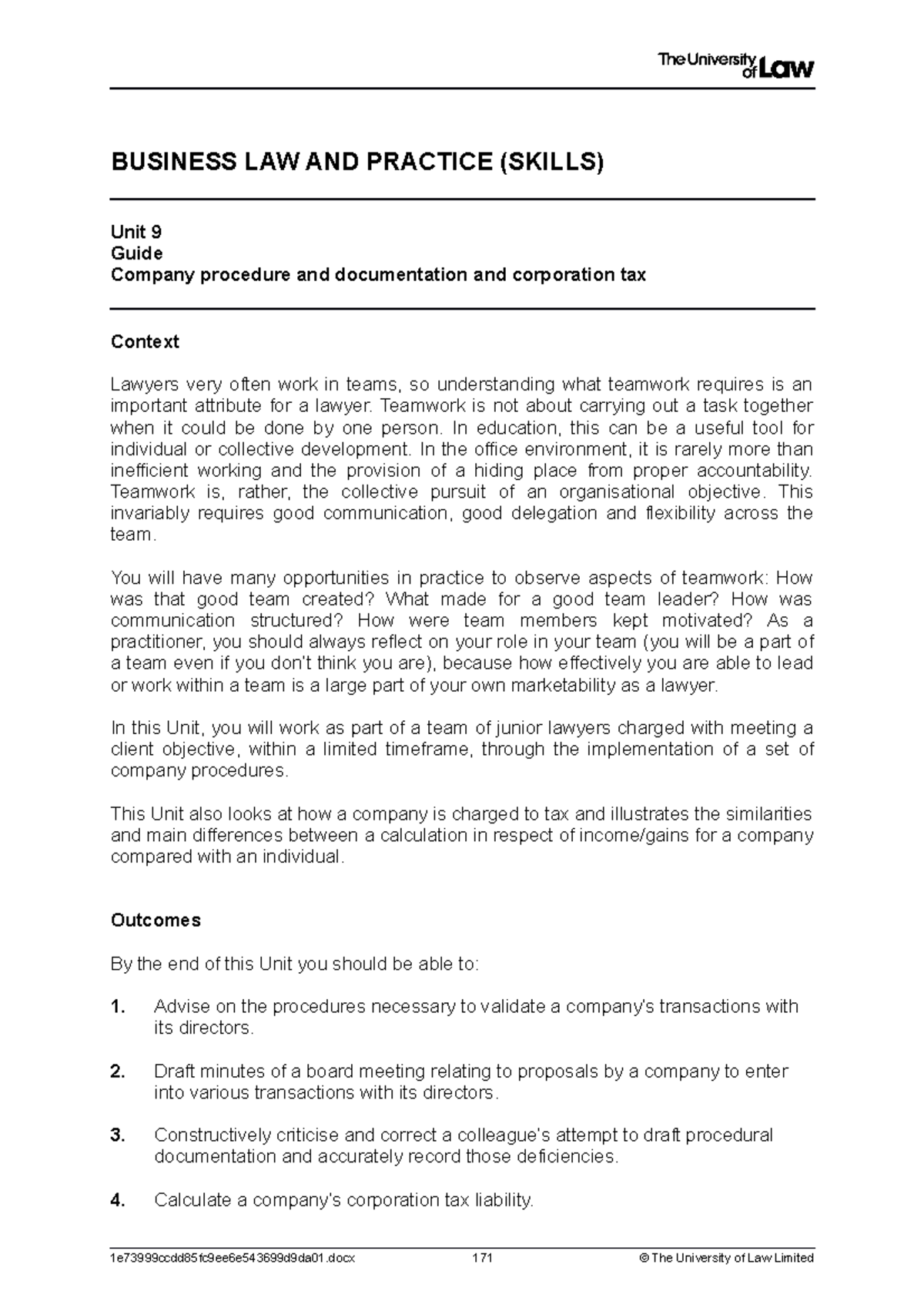 Workshop 9 - Lecture notes 9 - BUSINESS LAW AND PRACTICE (SKILLS) Unit ...