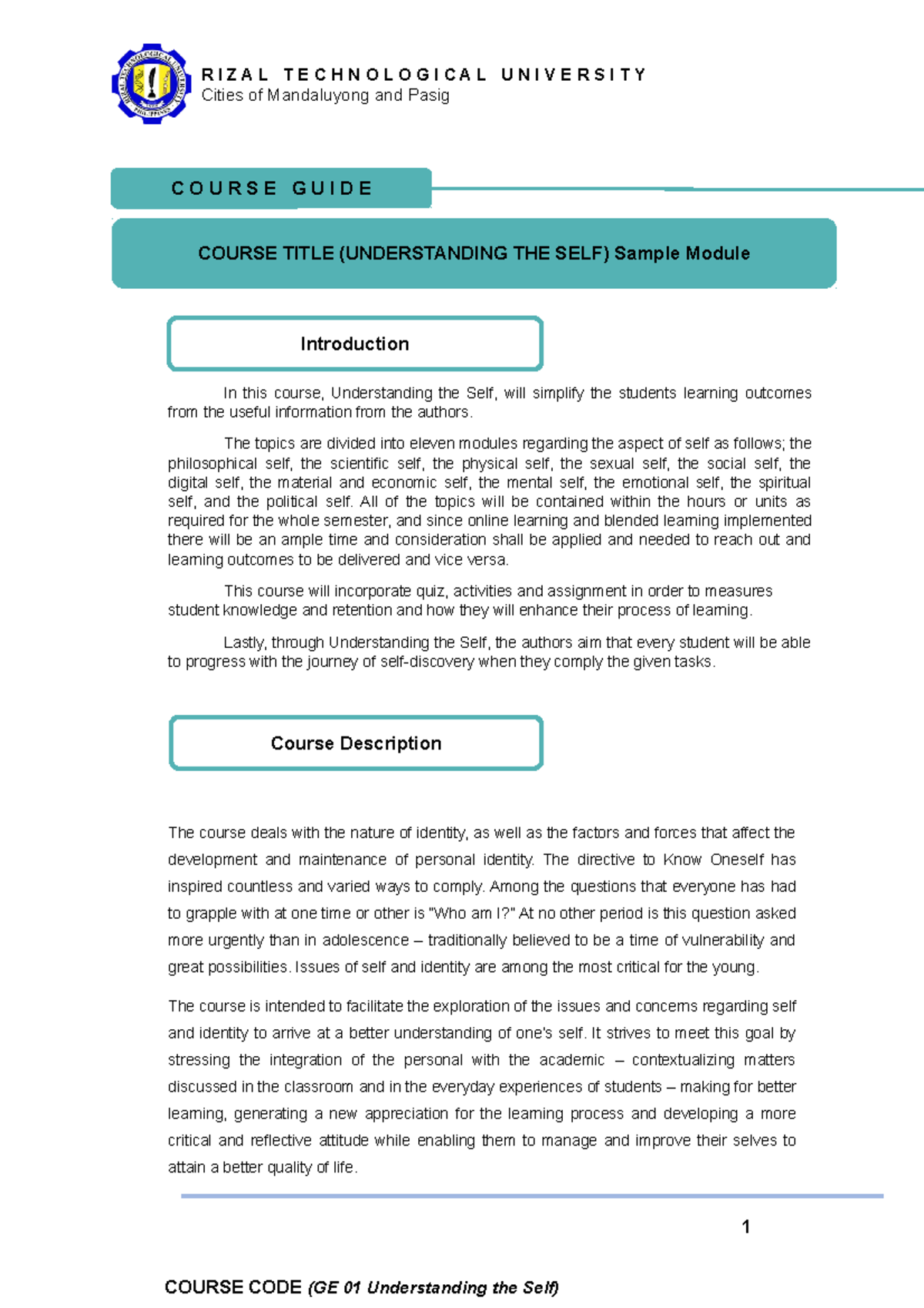 Module in Understanding the Self - In this course, Understanding the ...