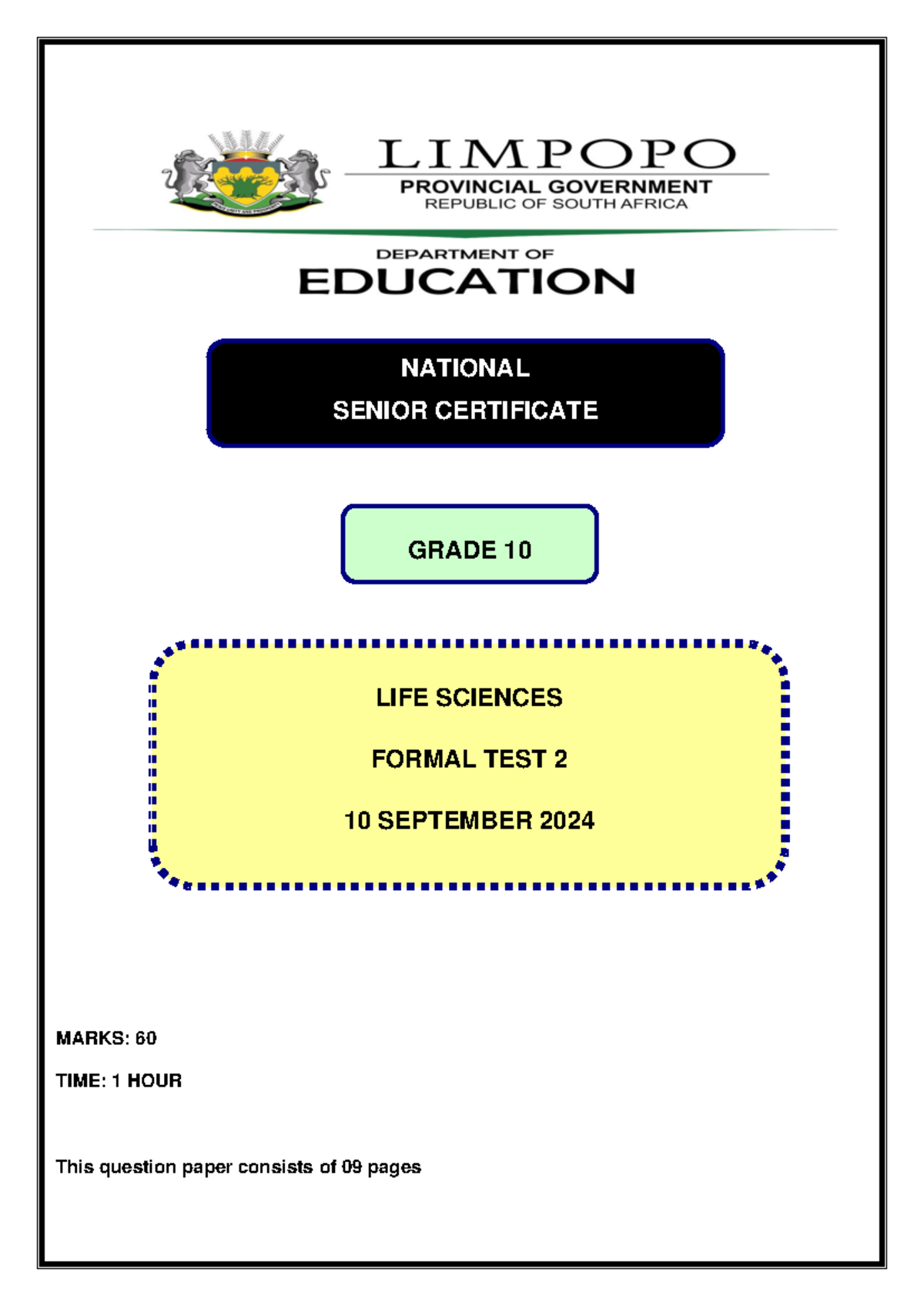 2024 09 10 LIM LFSC Formal Test 2 Gr10 QP ENG - MARKS: 60 TIME: 1 HOUR ...