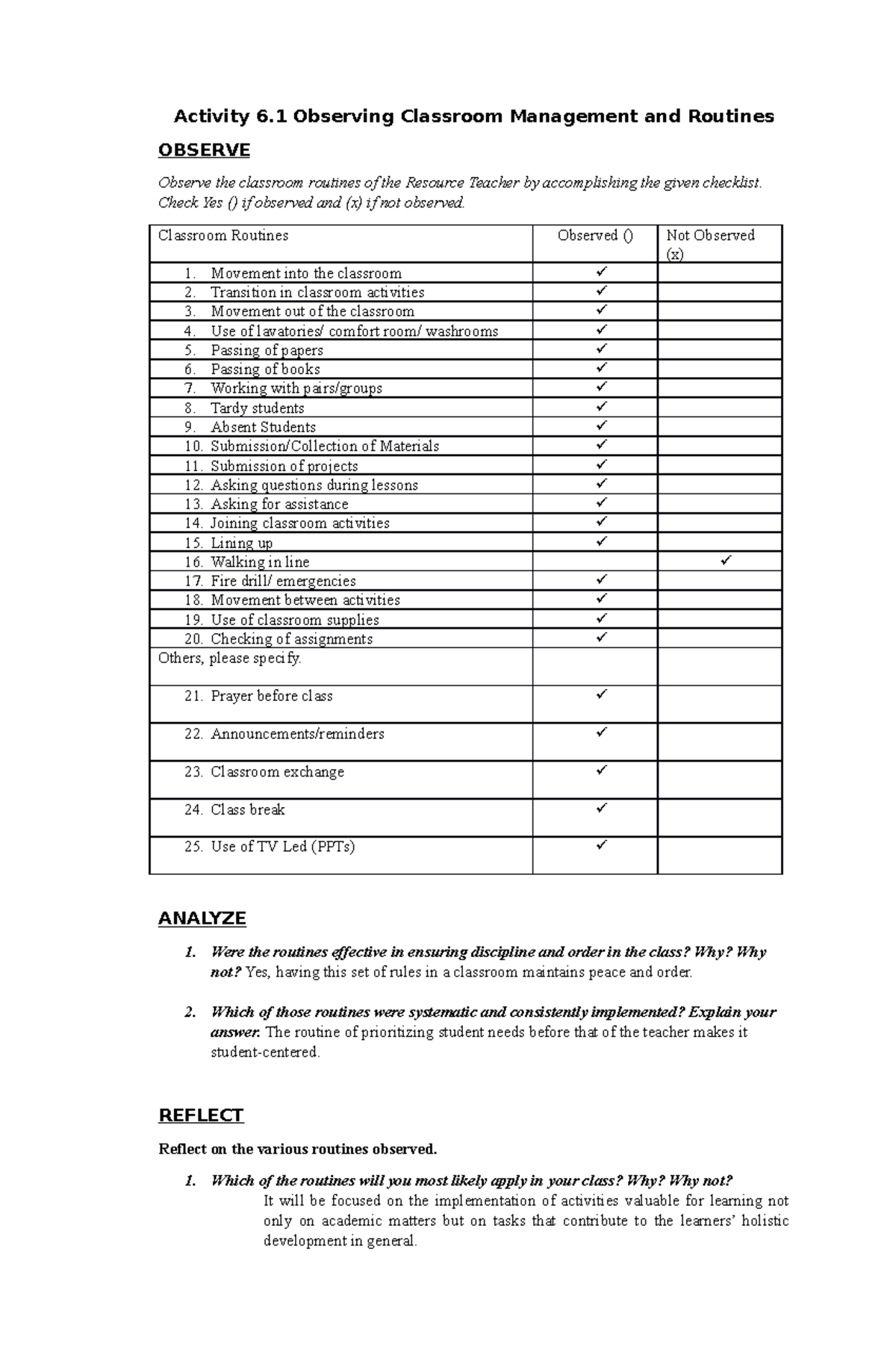 LE 06 - FIELD STUDY 1 Teaching Observation - Activity 6 Observing ...