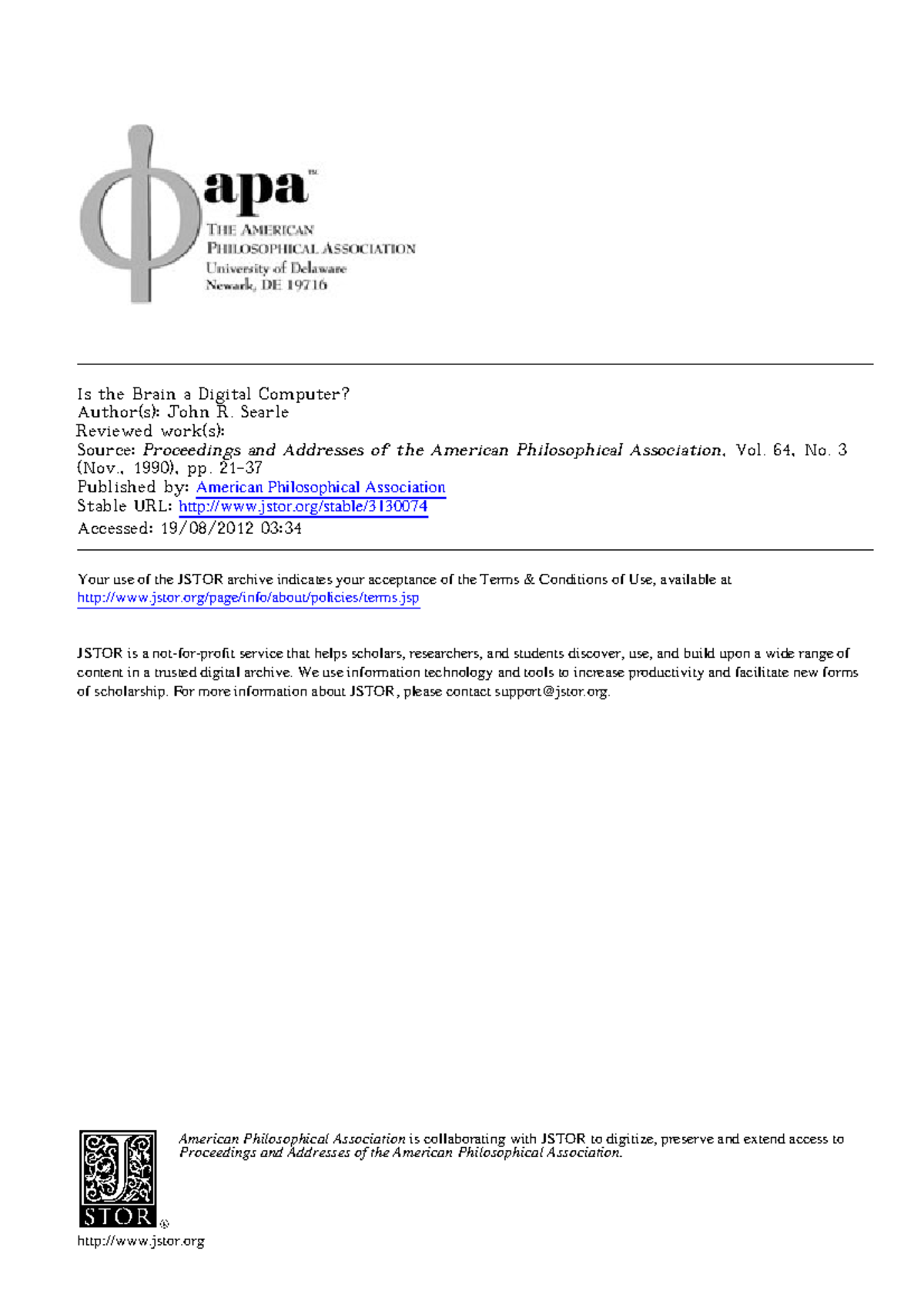 Searle Is the Brain a Digital Computer - Is the Brain a Digital ...