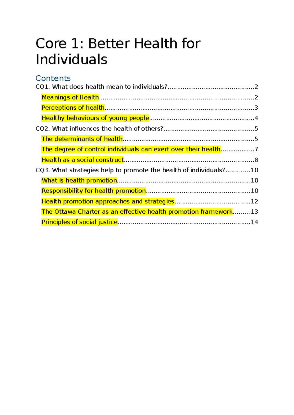 Core 1 - Summarised notes - Core 1: Better Health for Individuals CQ1 ...