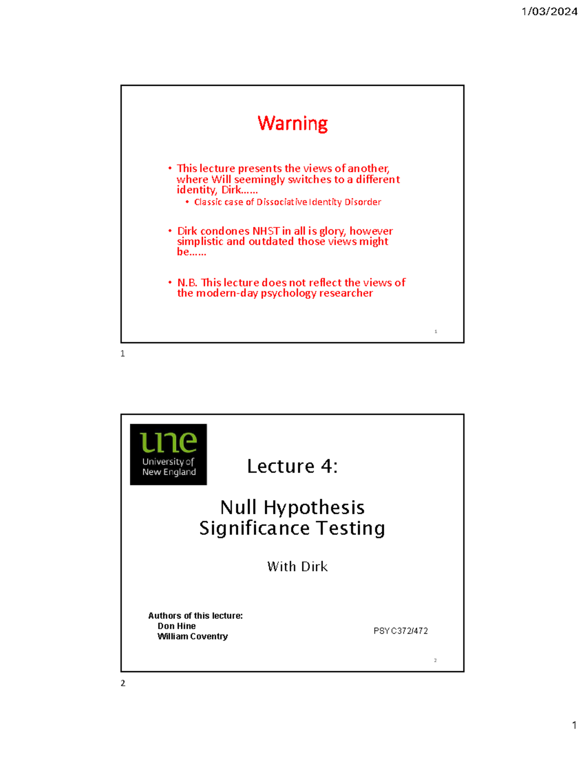 PSYC372 472 lecture 4 slides (2 slides per page) - Warning • This lecture presents the views of ...