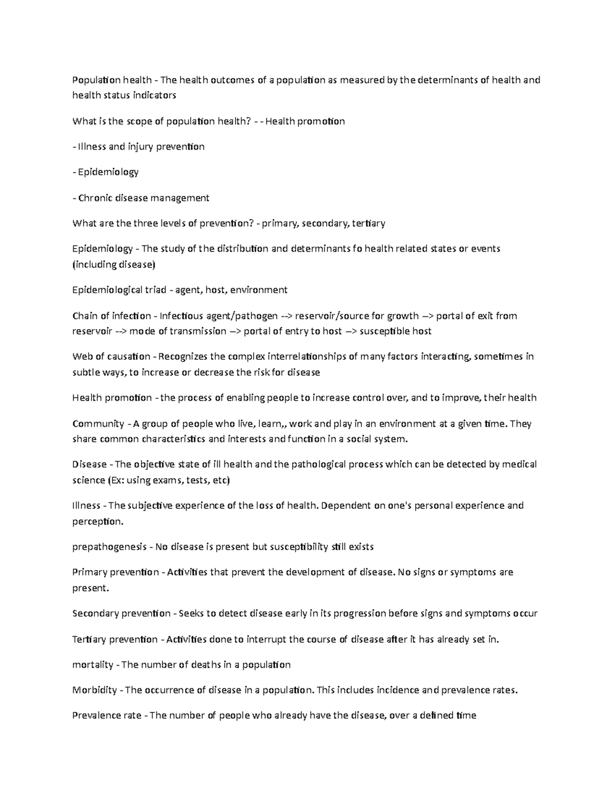 BSNC1000 midterm 1 notes - Population health - The health outcomes of a ...
