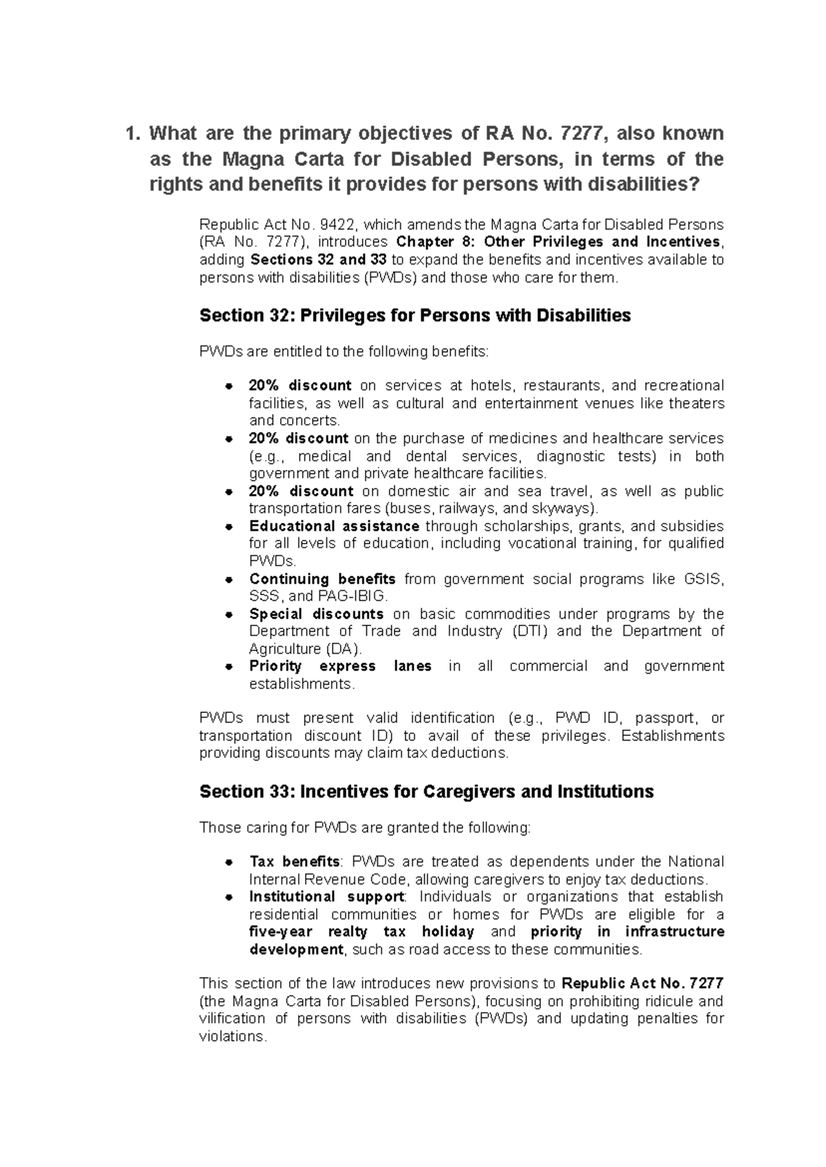 Law of PWDs Assignment - CBR for PWD law - 1. What are the primary ...