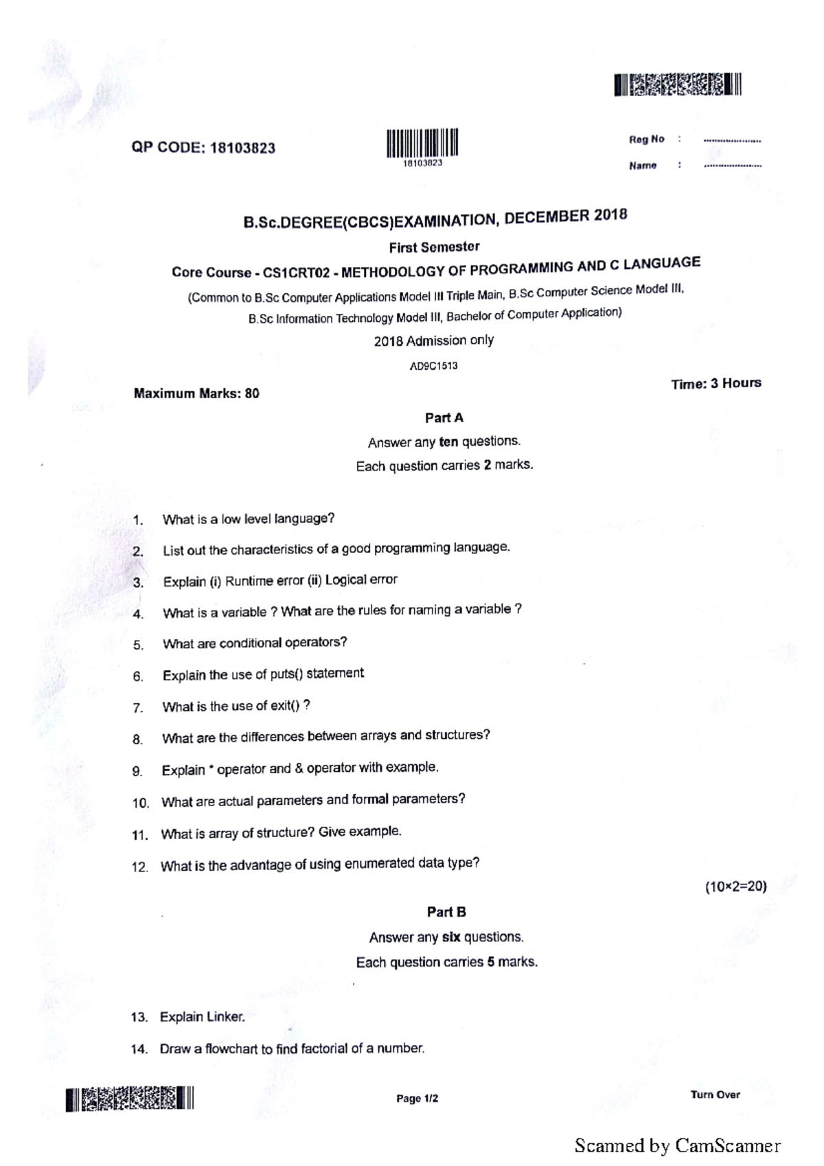 C Programming 2018 question - QP CODE: 18103823 Reg No : 18103823 Name ...