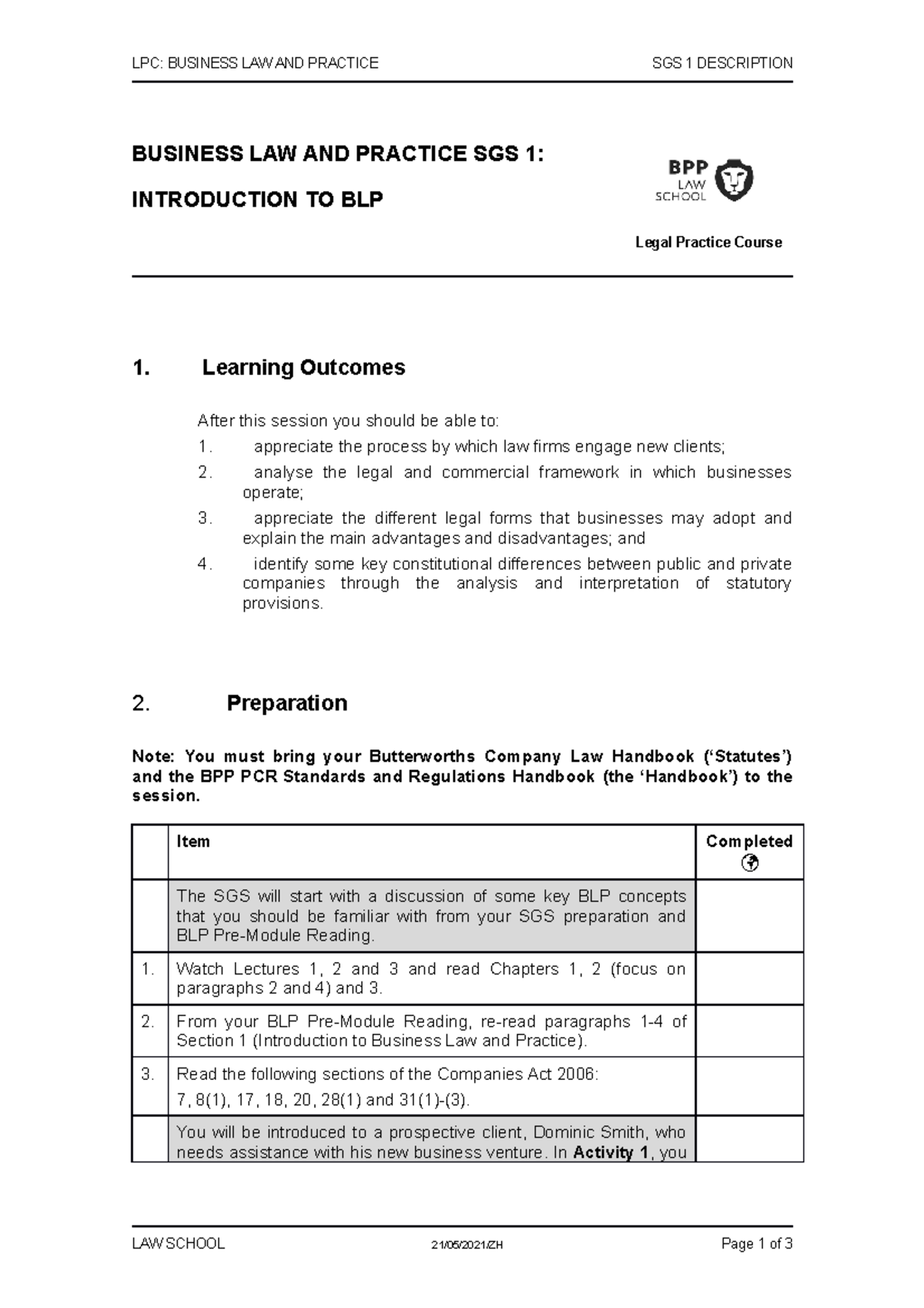 BLP - SGS 1 Taks - notes - BPP - Studocu