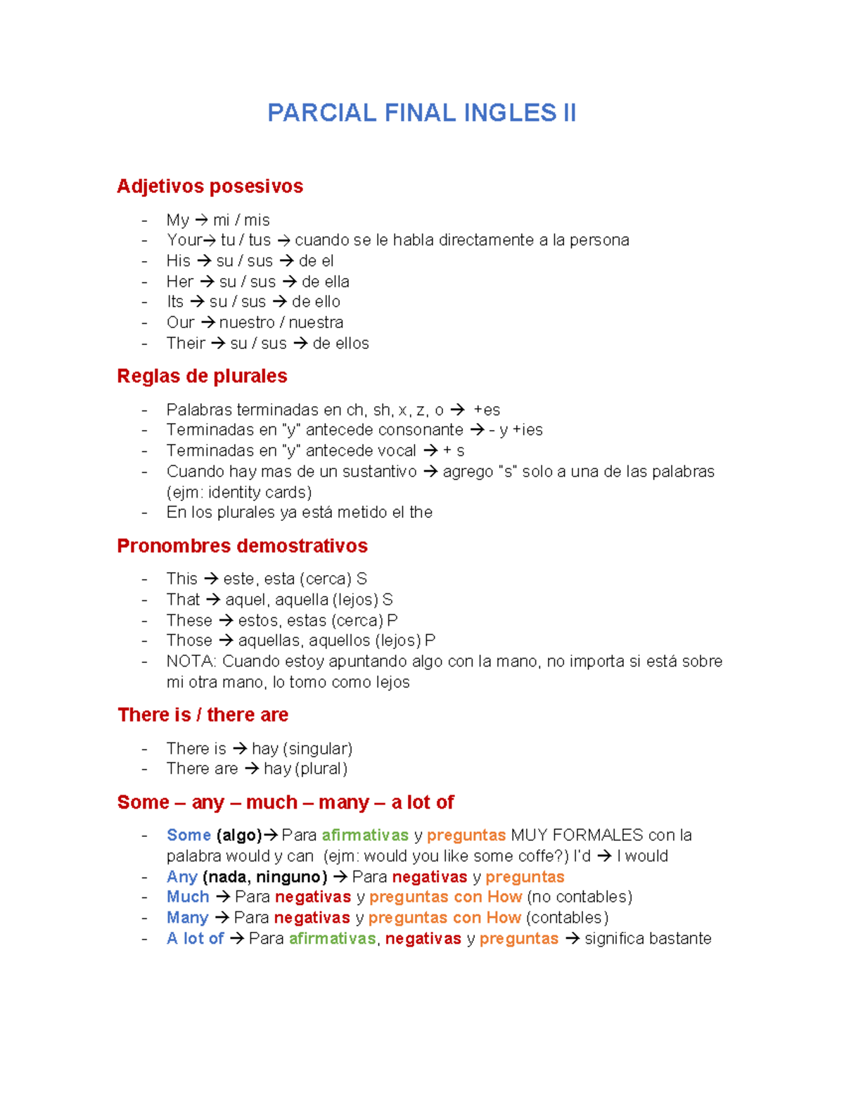 Final De Ingles Good Parcial Final Ingles Ii Adjetivos Posesivos My