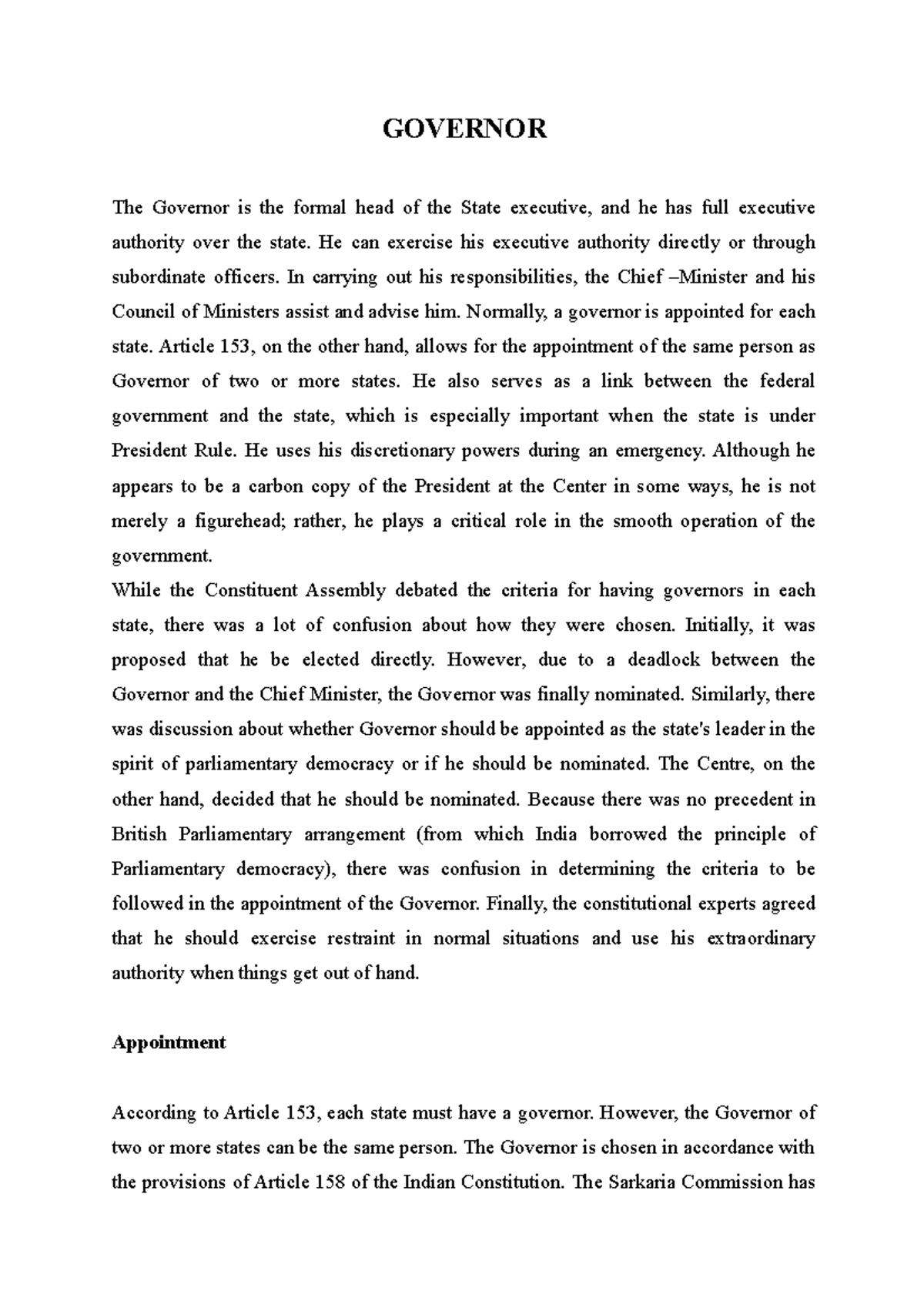 Governor - Lecture notes 4 - GOVERNOR The Governor is the formal head ...