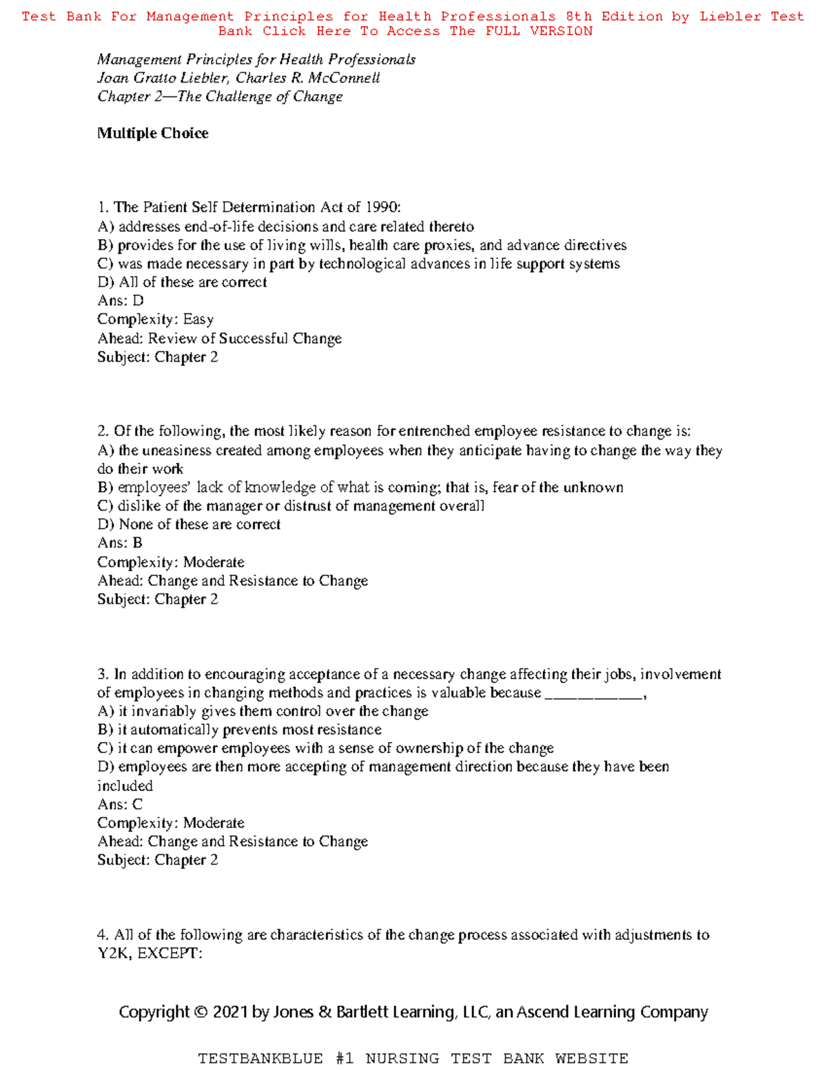 Test Bank for Management Principles for Health Professionals 8th ...