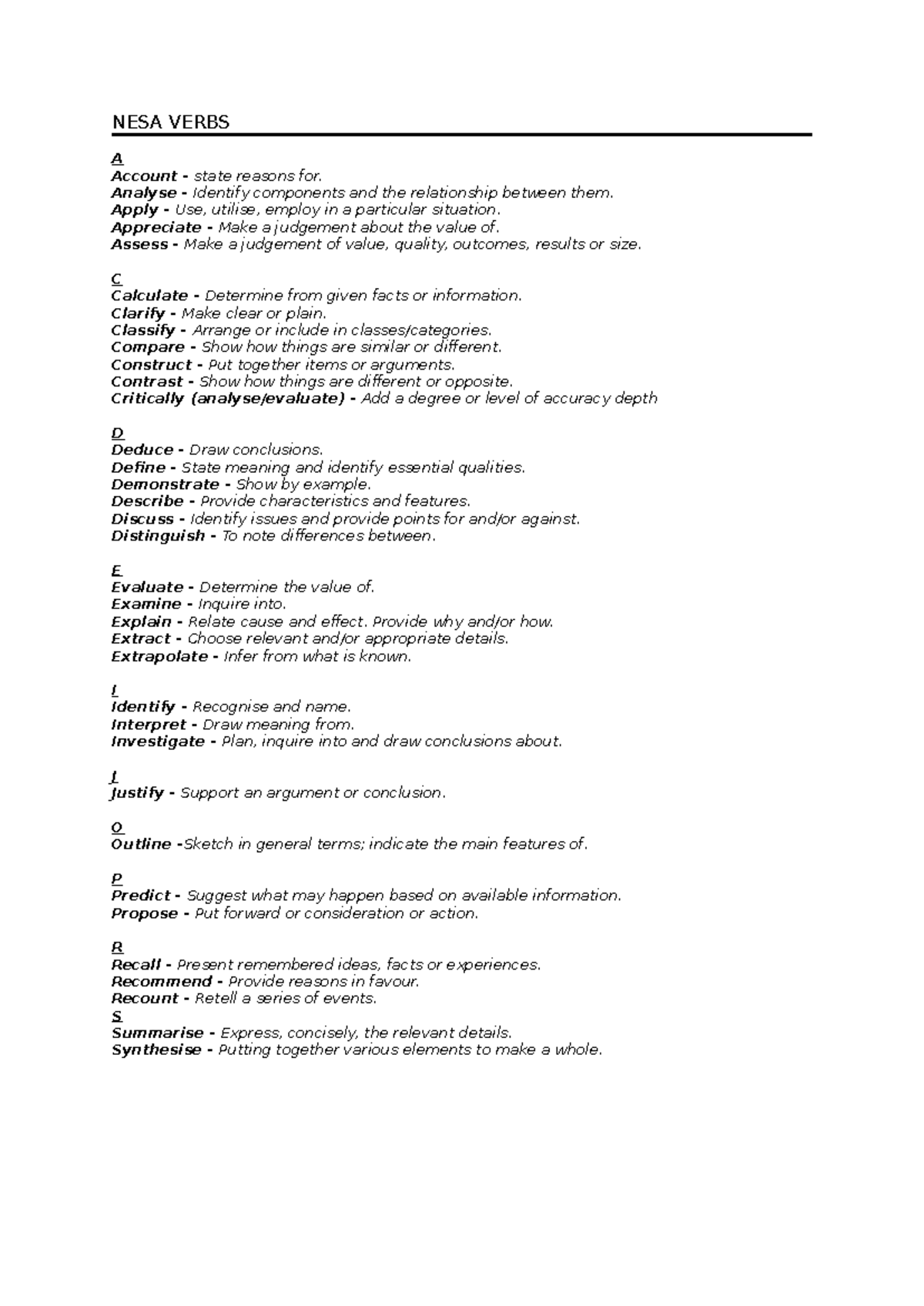 NESA Verbs - NESA VERBS A Account - state reasons for. Analyse ...