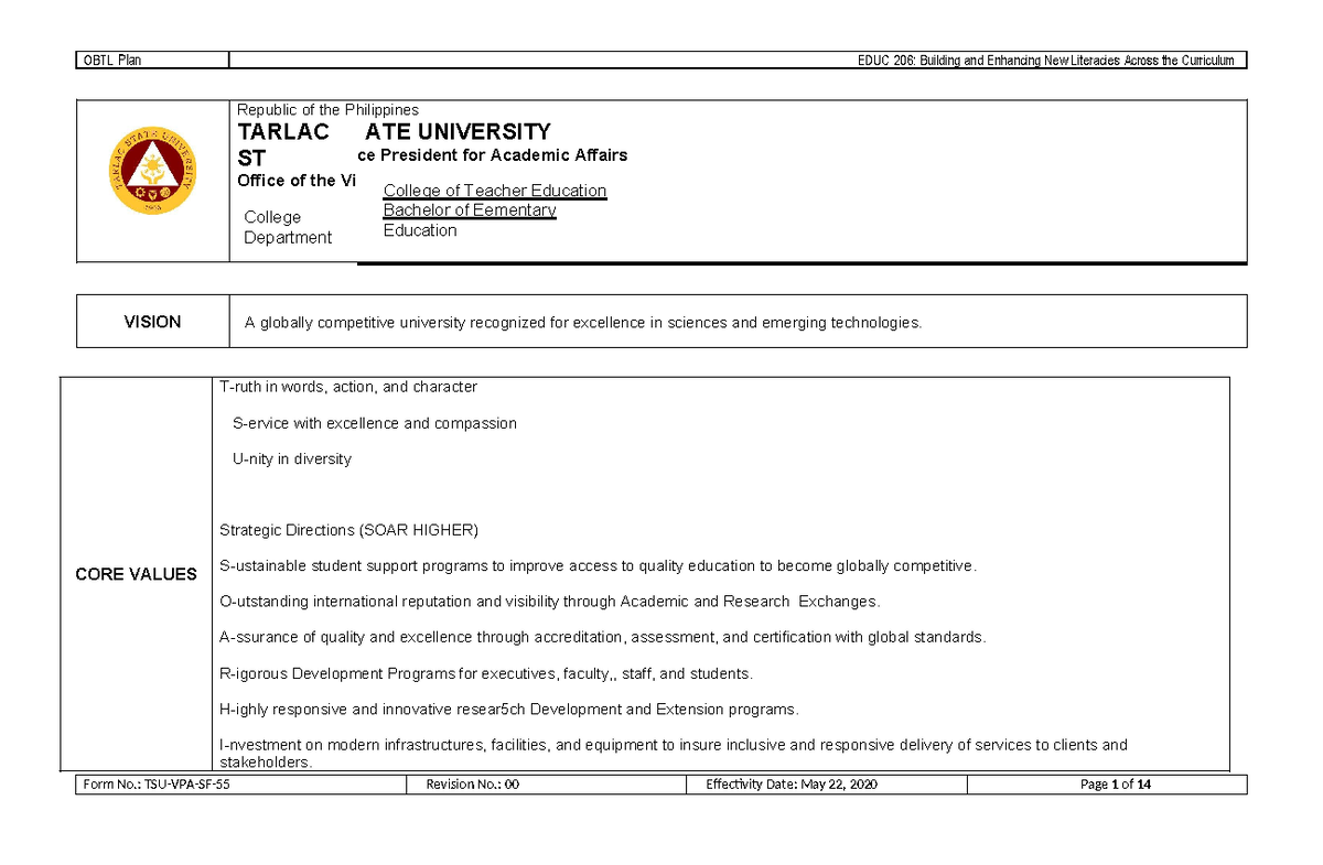 EDUC 206 Obtle 2 - OBTL in EDUC 206 - Republic of the P TARLAC ST ...