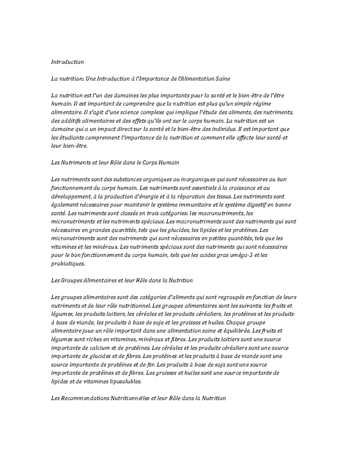 Nutrition Notes de cours - Introduction La nutrition: Une Introduction ...