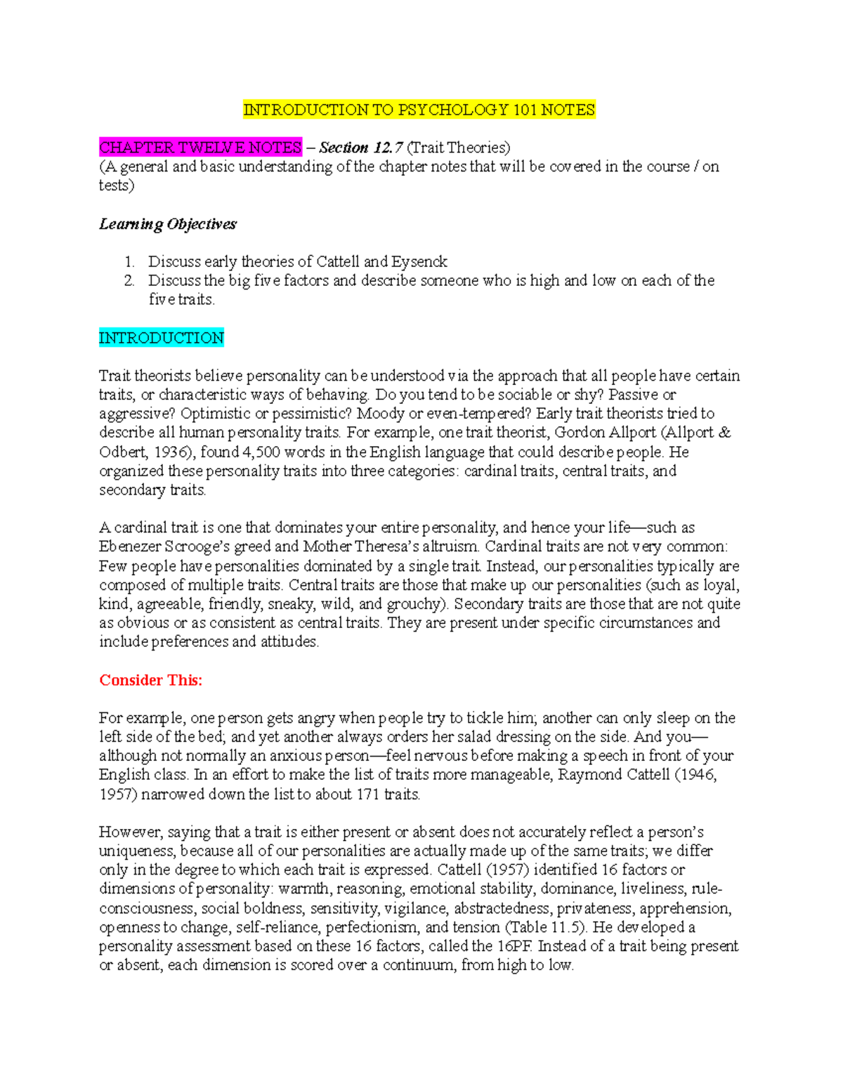 Introduction TO Psychology 101 Notes Chapter Twelve Part Seven ...