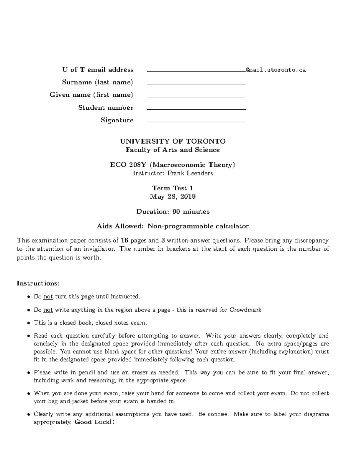 Term+Test+1 - past test - U of T email address @mail.utoronto Surname ...