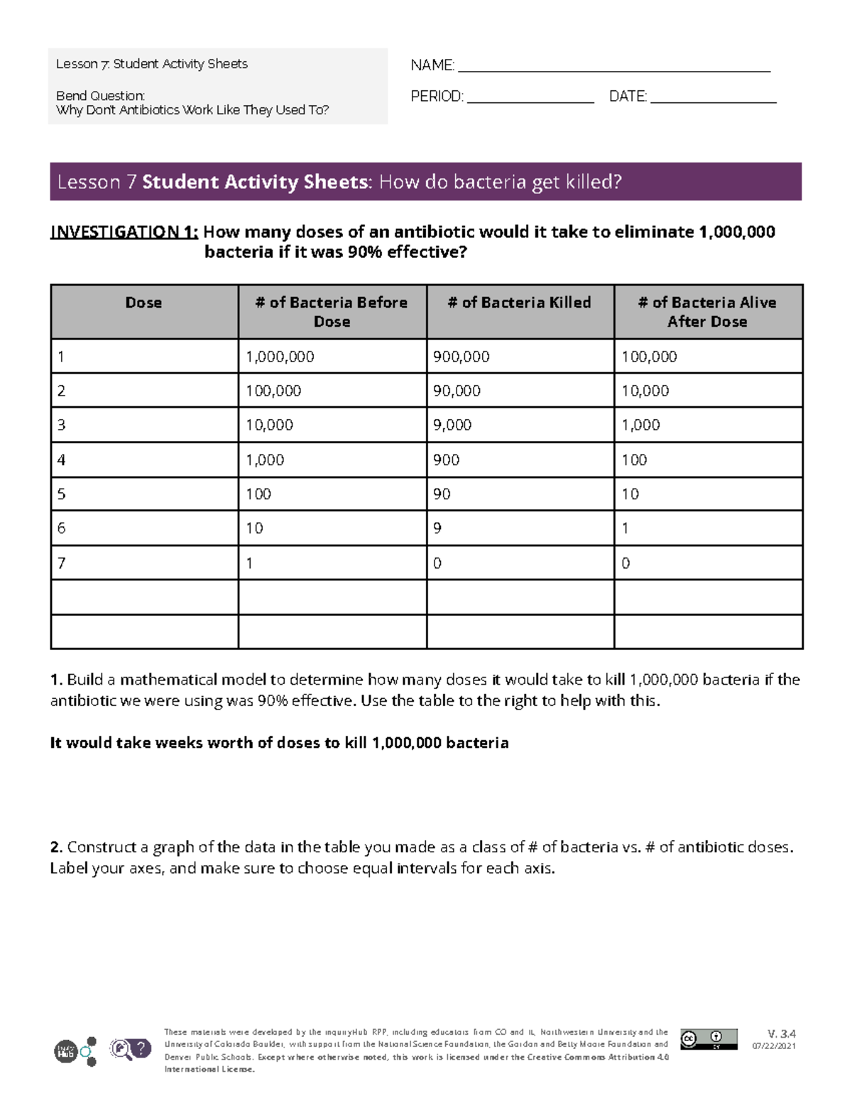 7.2 Student Activity Sheet Lesson 7 Bend 1 Addie Evolution - Lesson 7 ...
