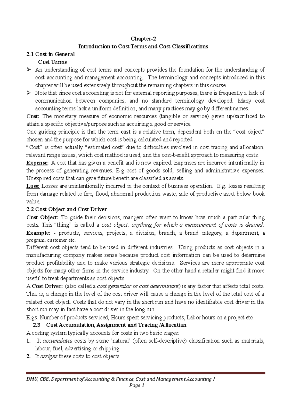 Cost chap 2 - lecturere of university - Chapter- Introduction to Cost ...