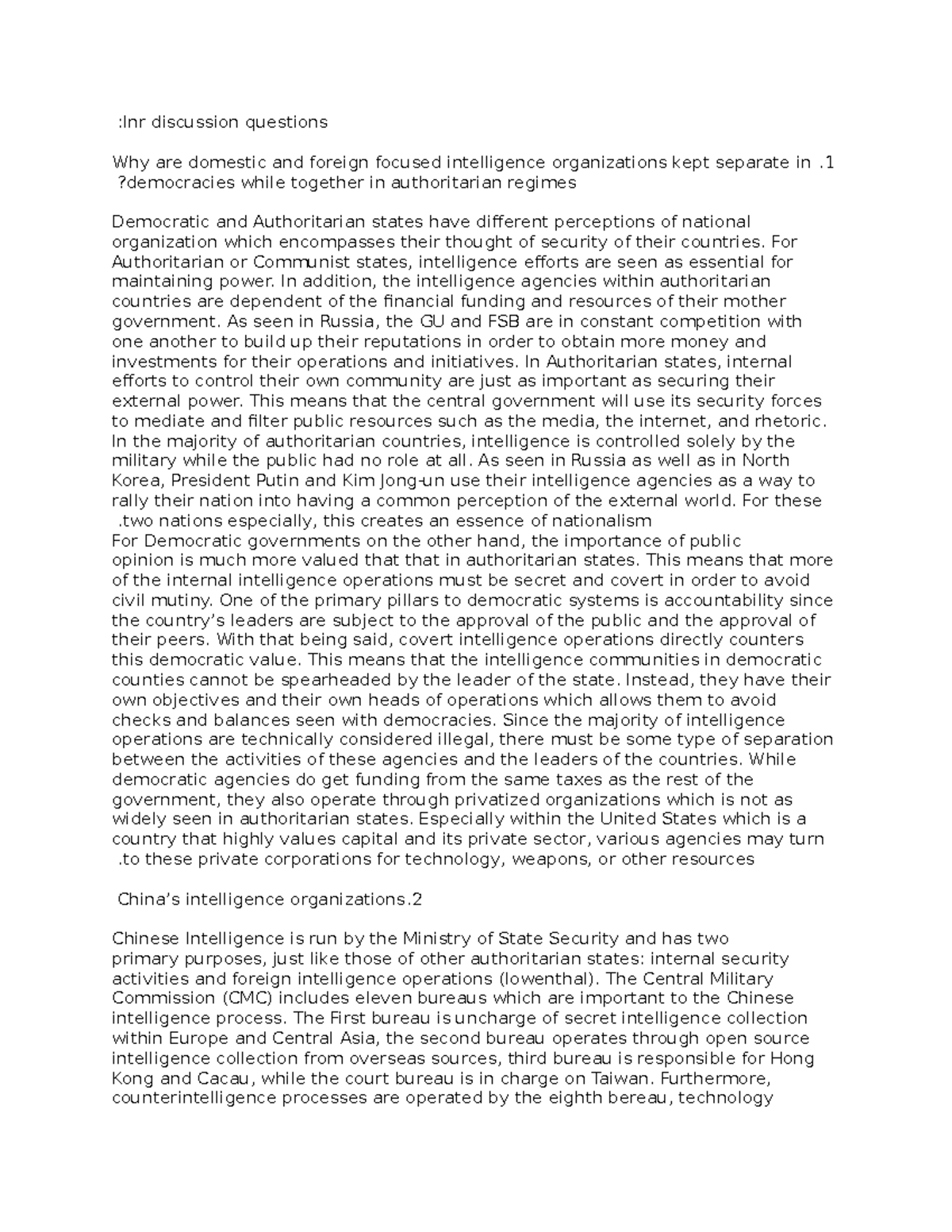 Intelligence community discussion response 2 - INR 4364 - UCF - Studocu