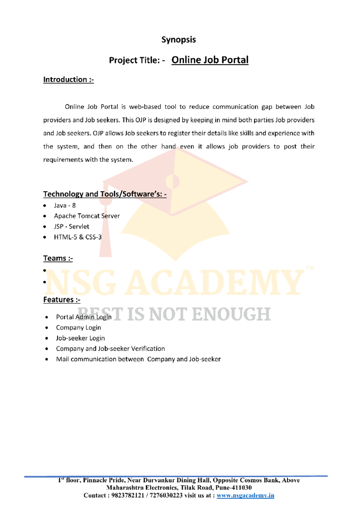 NSG Academy - Online Job Portal Synopsis - Advance Java - Studocu