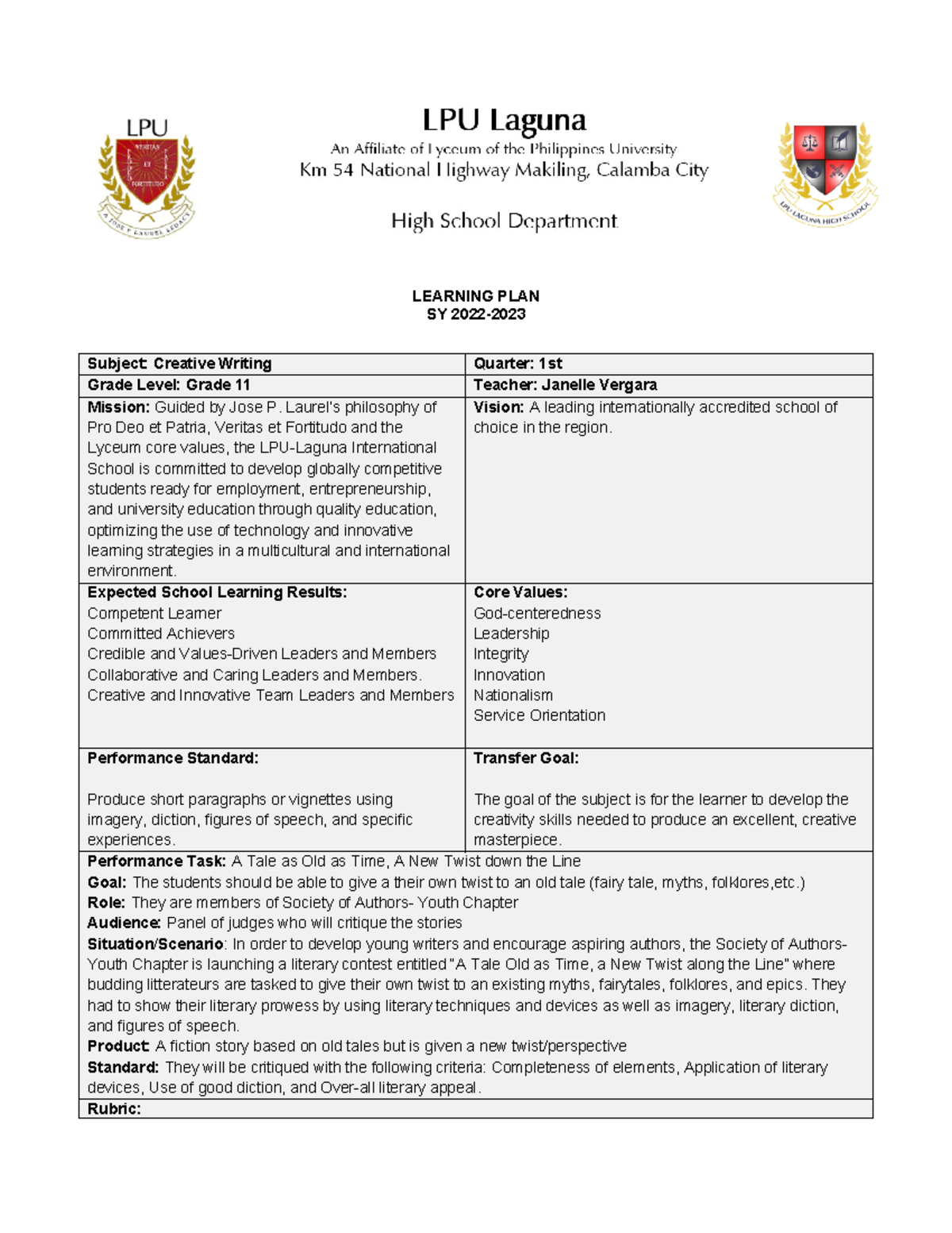 Vergara LP WEEK 4-5 1Q CW - E LEARNING PLAN SY 2022- Subject: Creative Writing Quarter: 1st ...